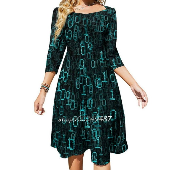 Binary Data Cloud Square Neck Dress Cute Loose Print Dresses Elegant ...