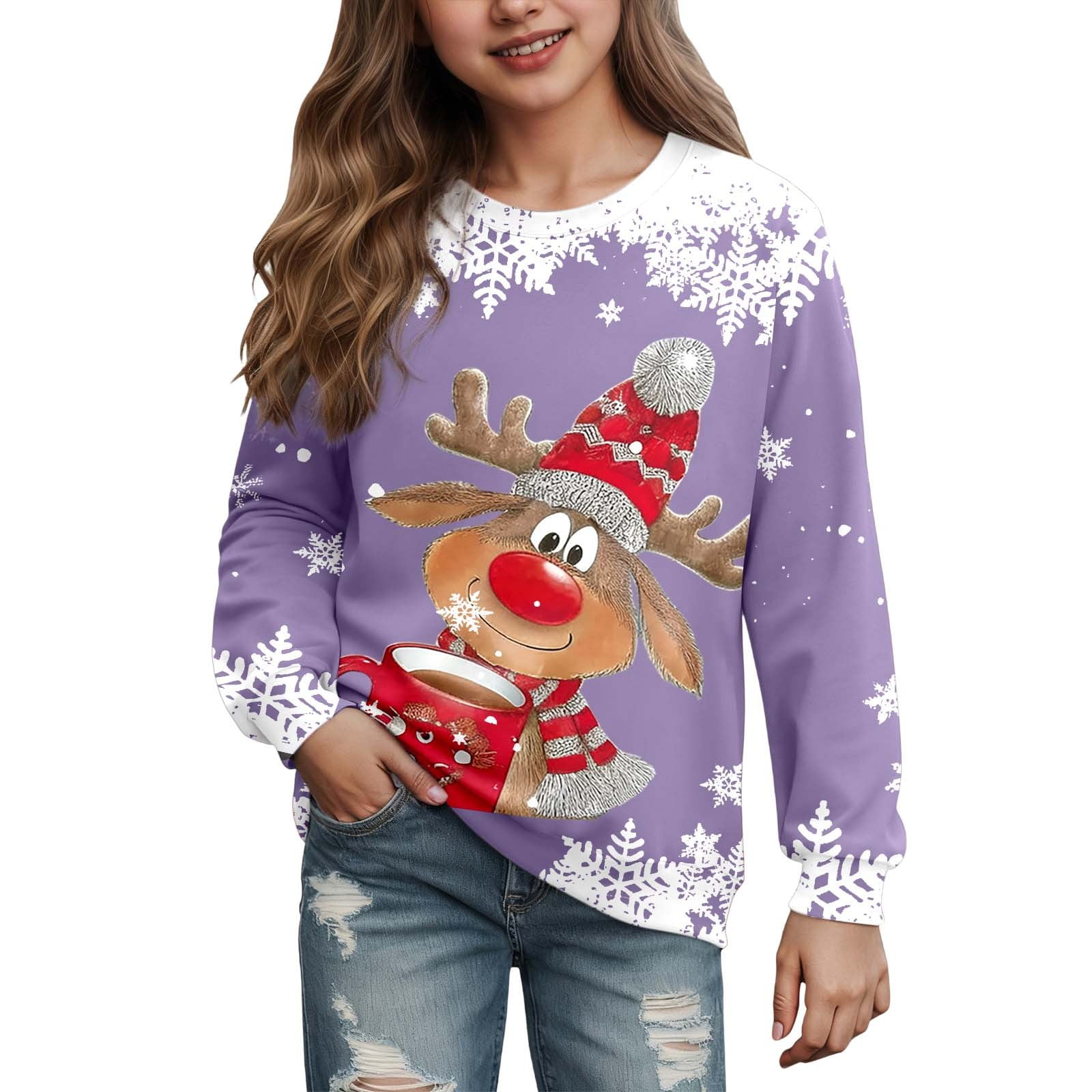 Binbangqi Christmas Kids Sweatshirts Boys Girls Reindeer Print Round Neck Cute Sweatshirts ...