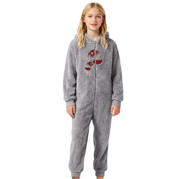 Binbangqi Girls Fleece Onesie Pajamas Christmas Reindeer Print Fuzzy ...