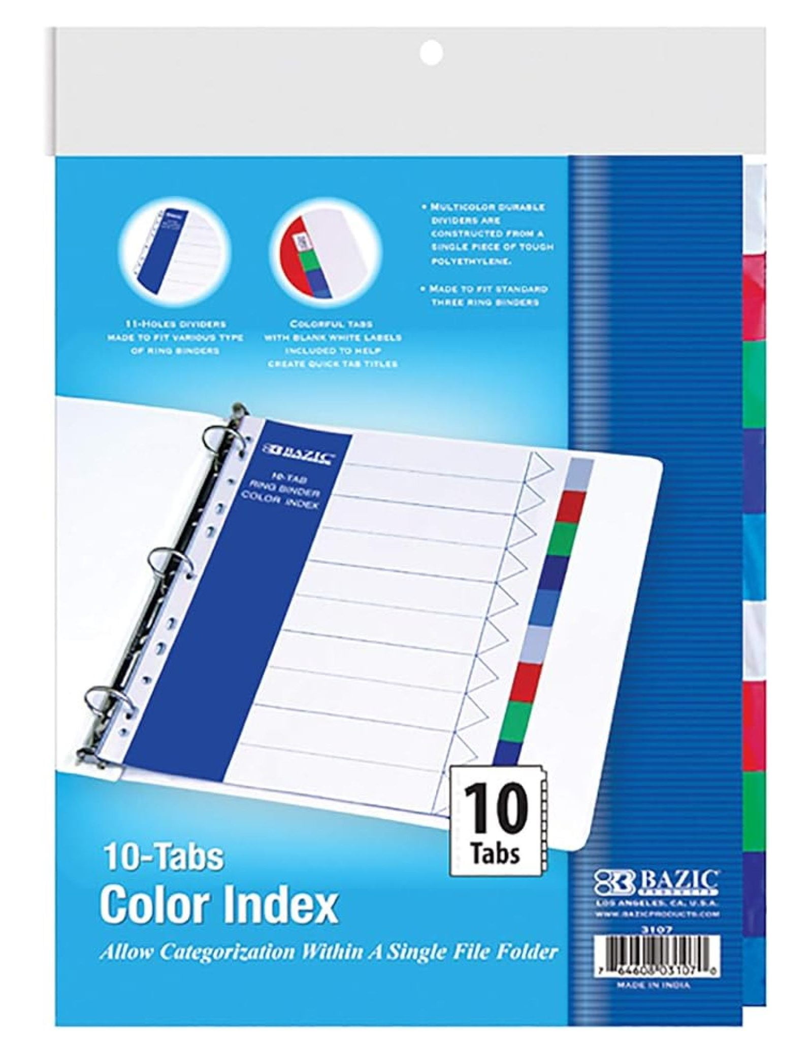 Binder Dividers w/ 10 Color Tabs 8. 5" x 11", 11 Hole Punch Plastic ...