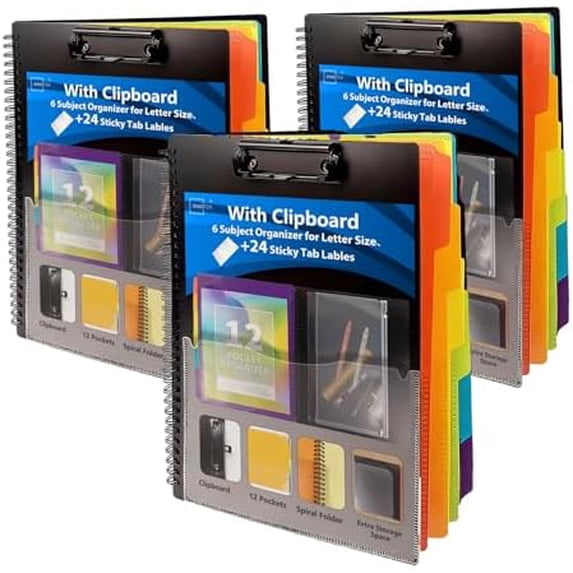 Binditek 3 Pack Plastic Clipboard Folio Folders, 6-Color Dividers with ...