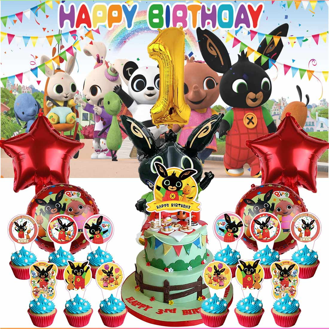 Bing Bunny Party Supplies Decor 1st Kit Balloons Birthday Cake Topper ...