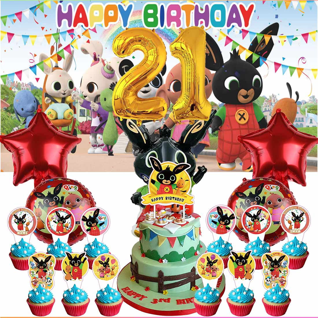 Bing Bunny Party Supplies Decor 21th Kit Balloons Birthday Cake Topper ...