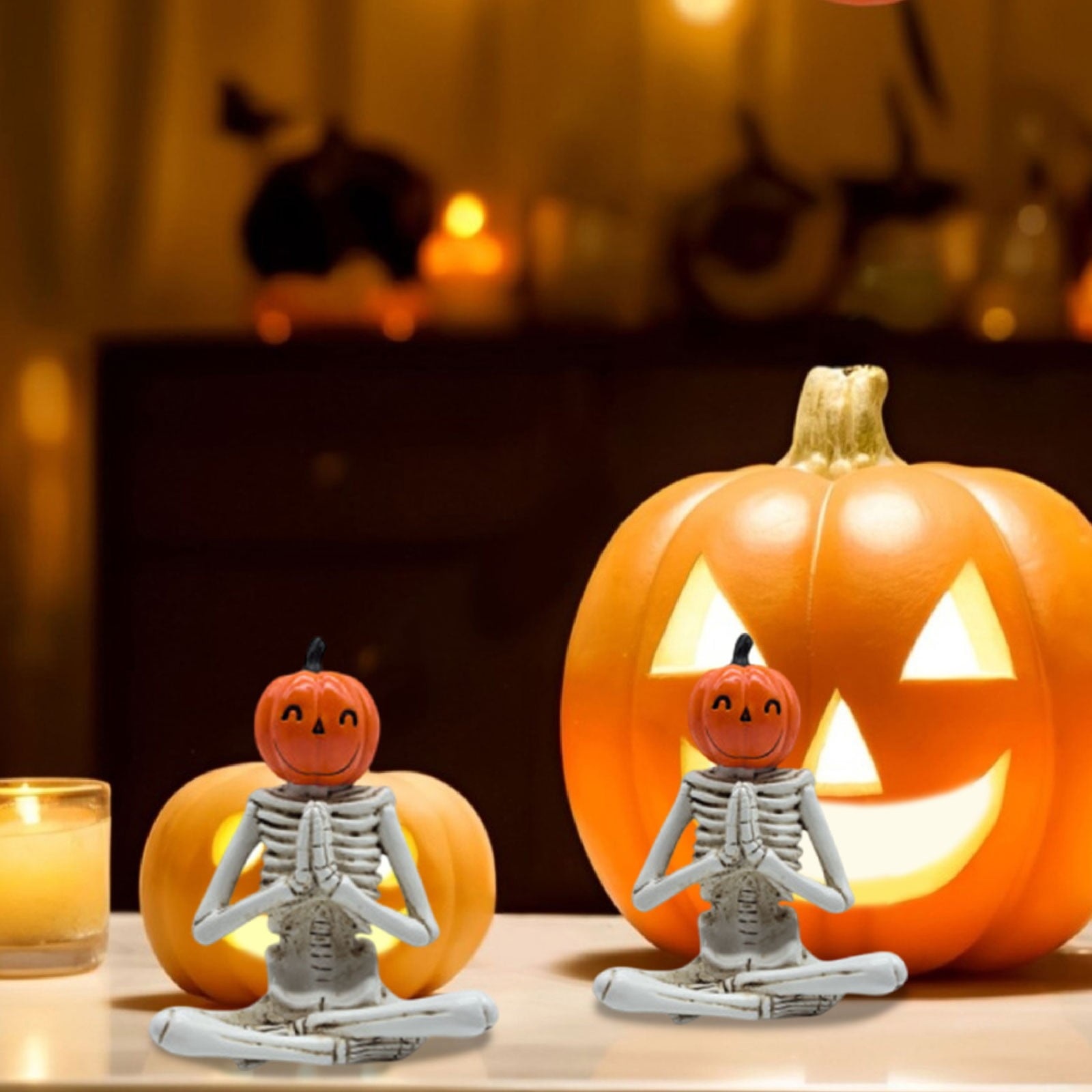 BingTong Halloween Skeleton Statues With Pumpkin Heads Decorative Yoga ...