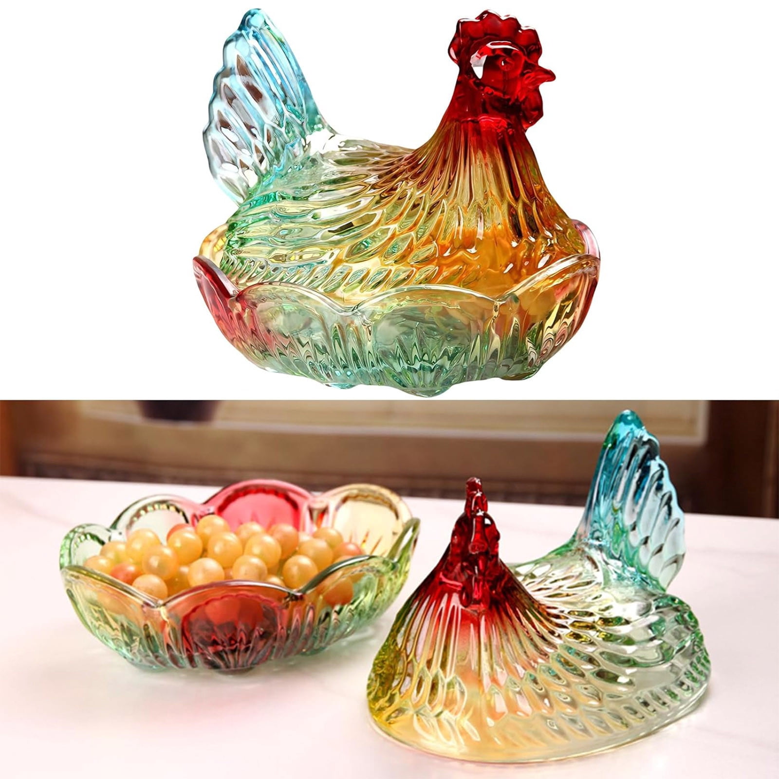 BingTong Hen on Nest Glass Dish, Crystal Glasses Candy Dish with Lid ...