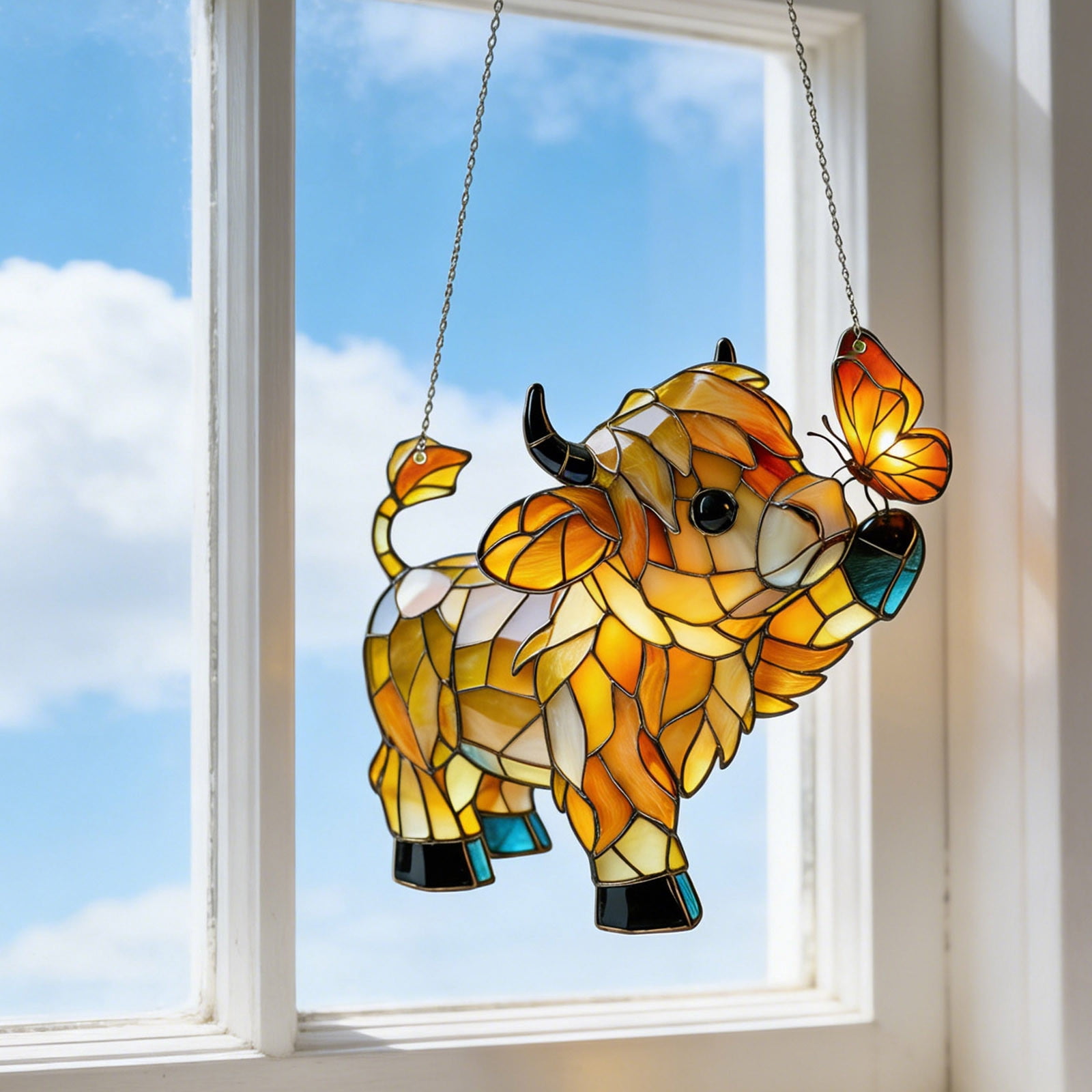 BingTong Highland Cow Butterfly Suncatcher | Stained Glass Style Window ...