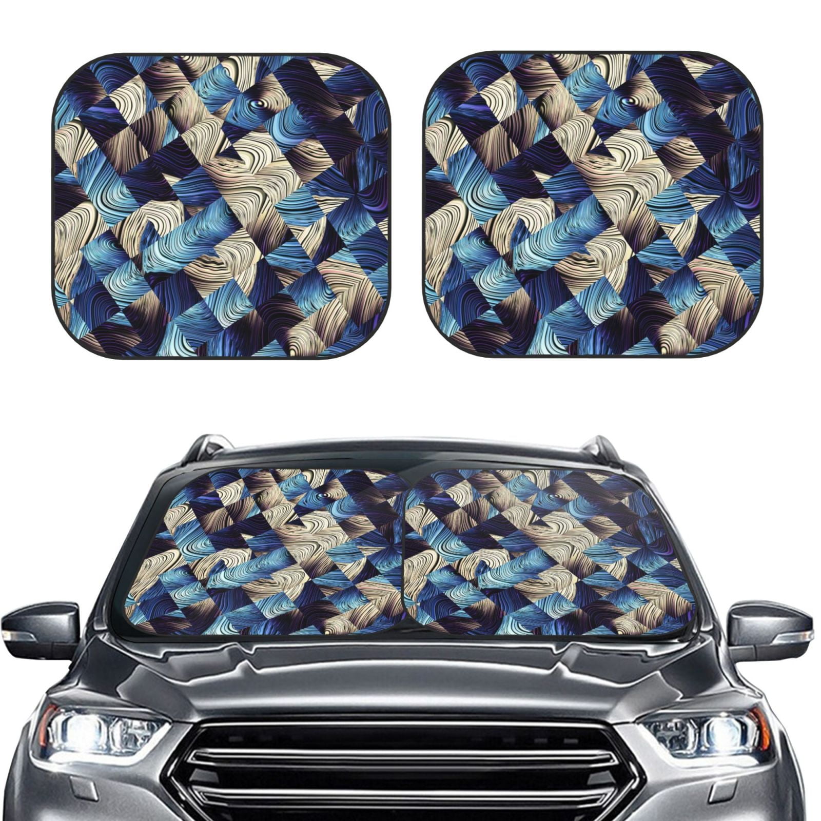 Bingfone Abstract Blue Squares Print 2-Piece Sun Shade Front Windshield ...