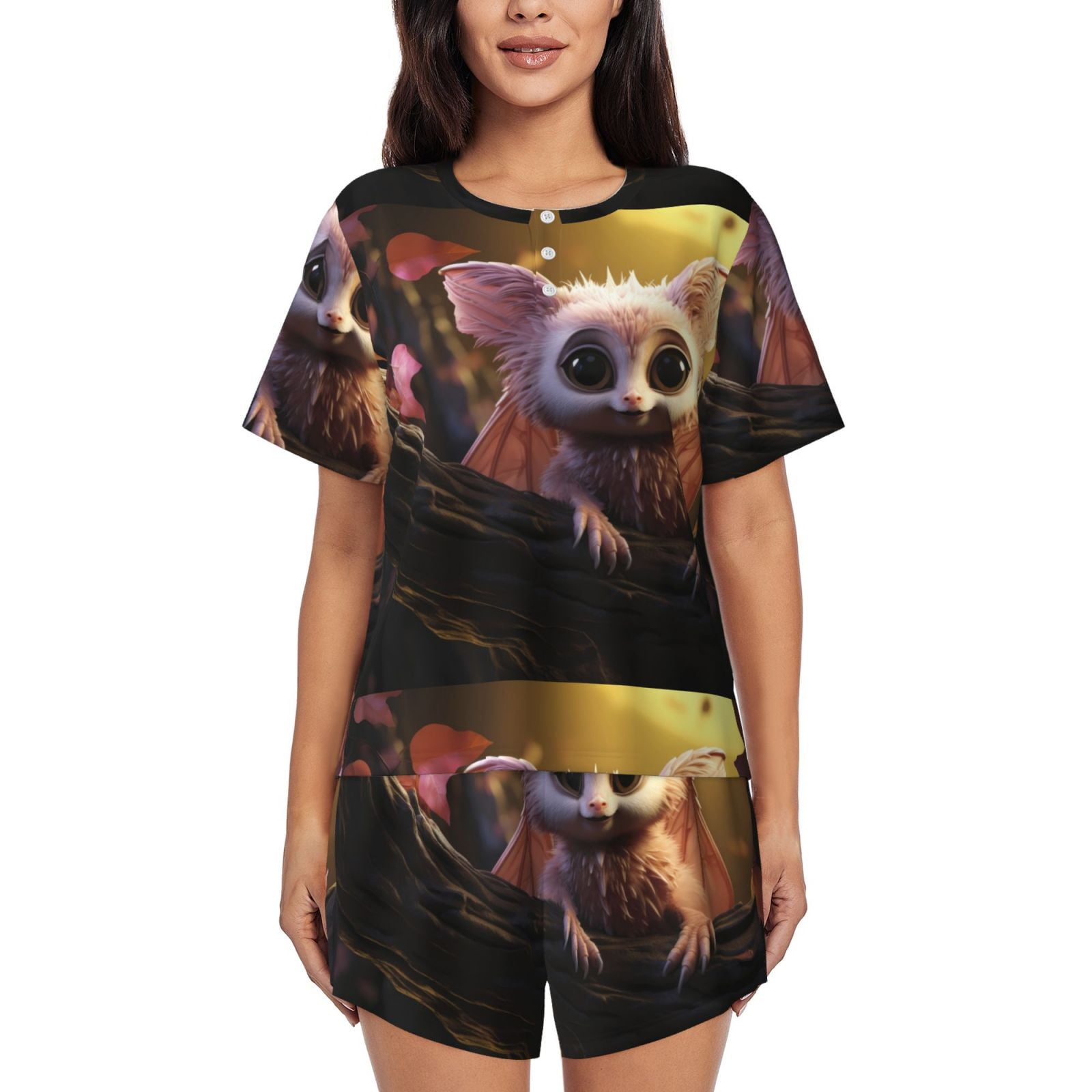 Bingfone Adorable Fluffy Bat Print Pajamas Sets for Women Soft Short ...