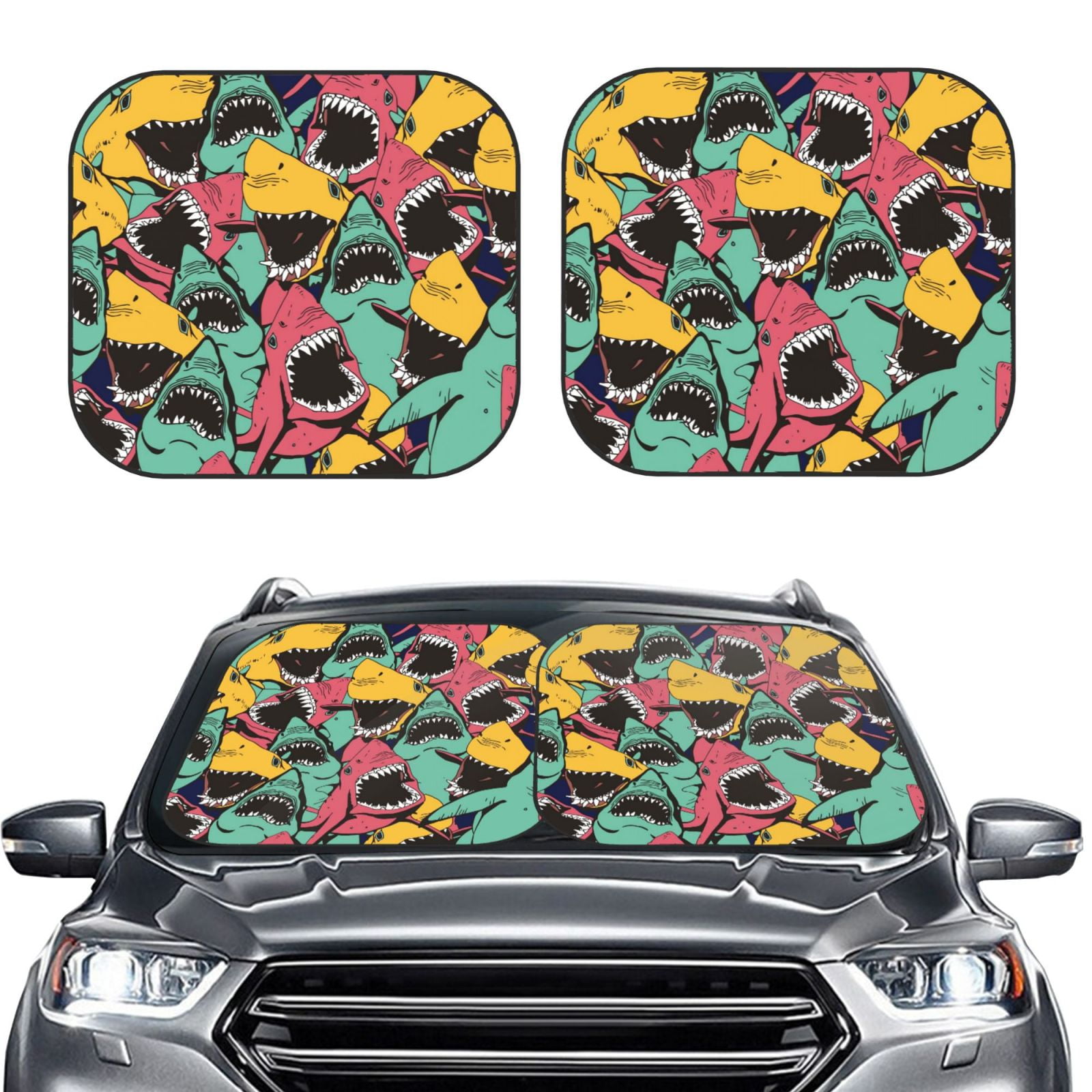 Bingfone Angry Shark Pattern Print 2-Piece Sun Shade Front Windshield ...