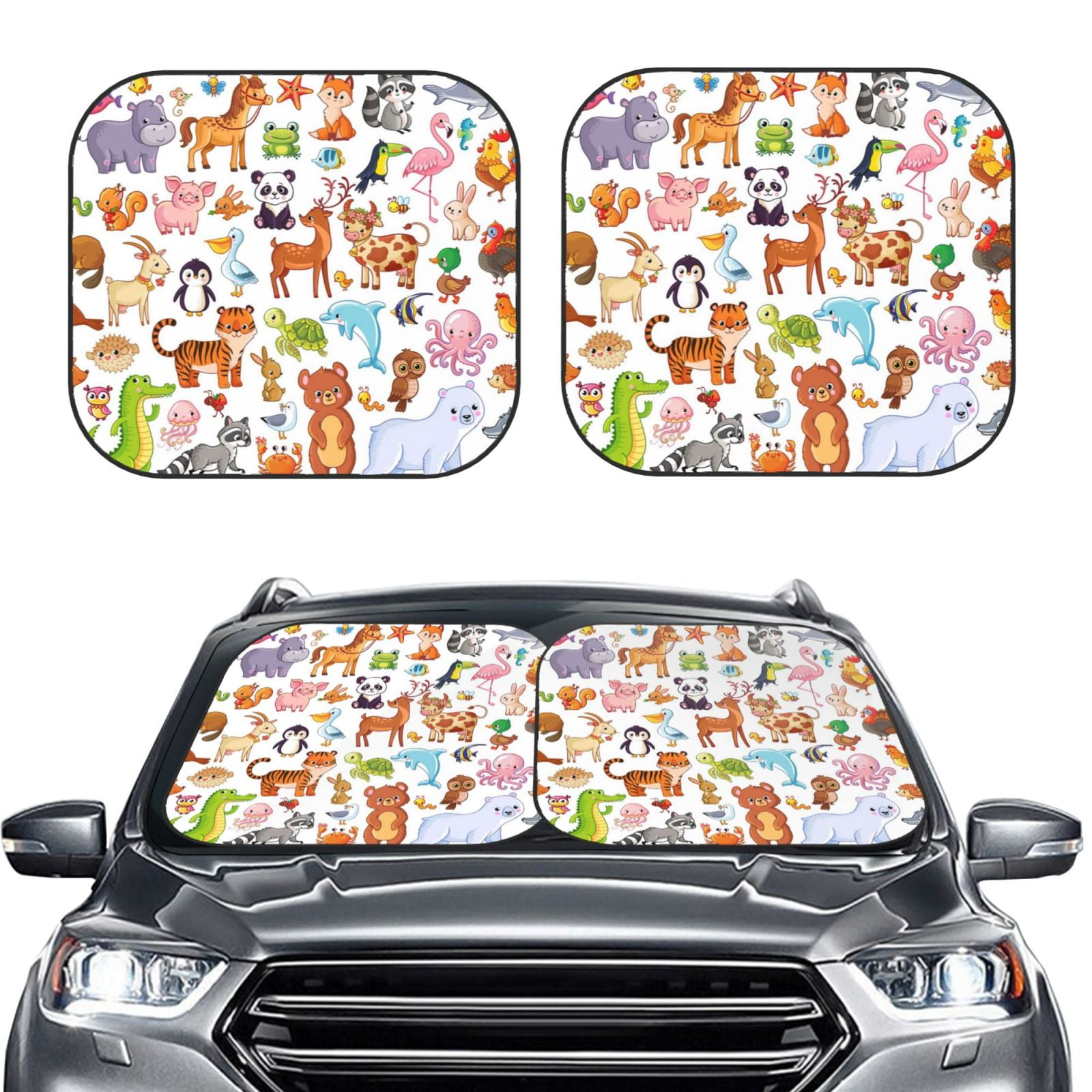 Bingfone Animal Cartoon Style Print 2-Piece Sun Shade Front Windshield ...