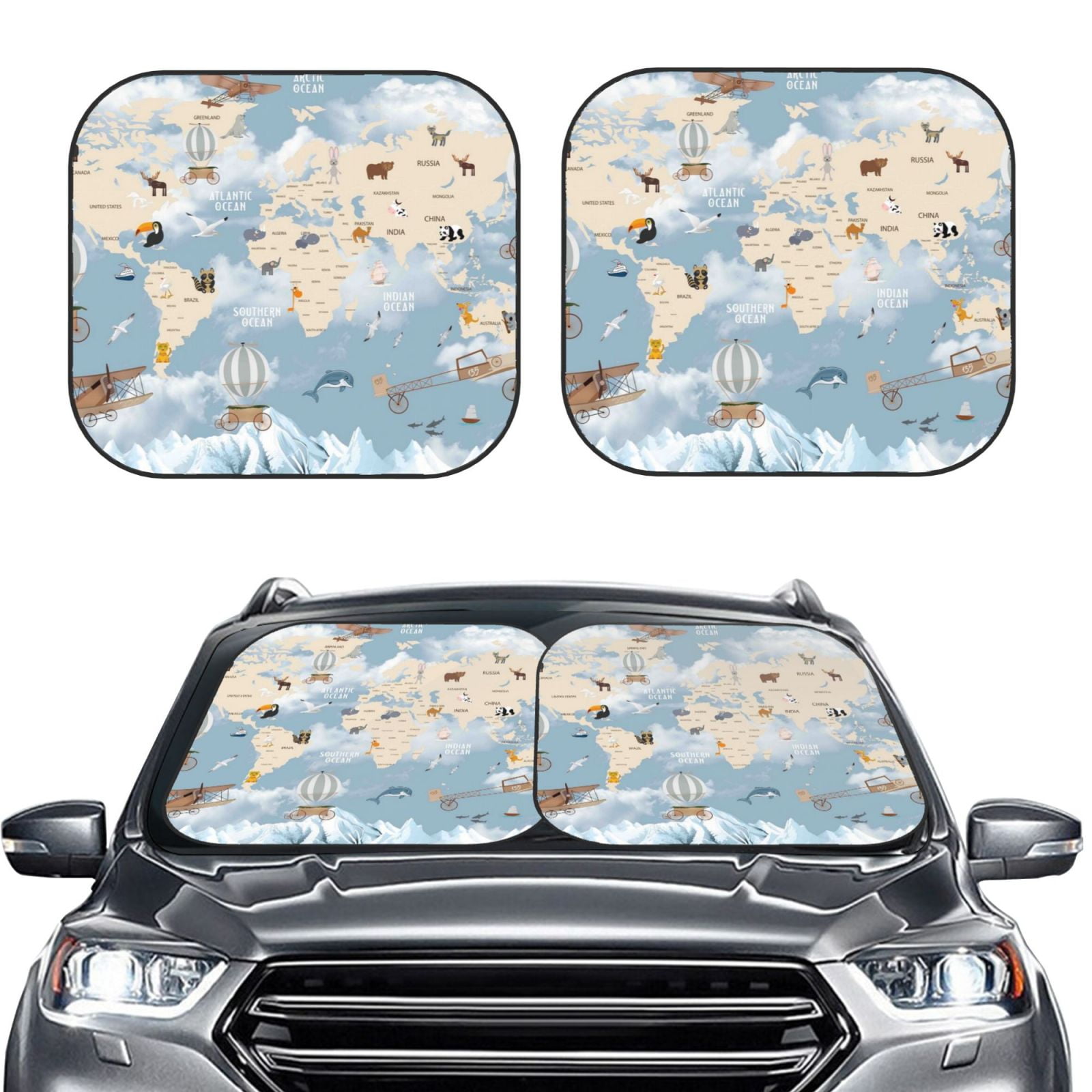 Bingfone Animals Travel World Map Print 2-Piece Sun Shade Front ...