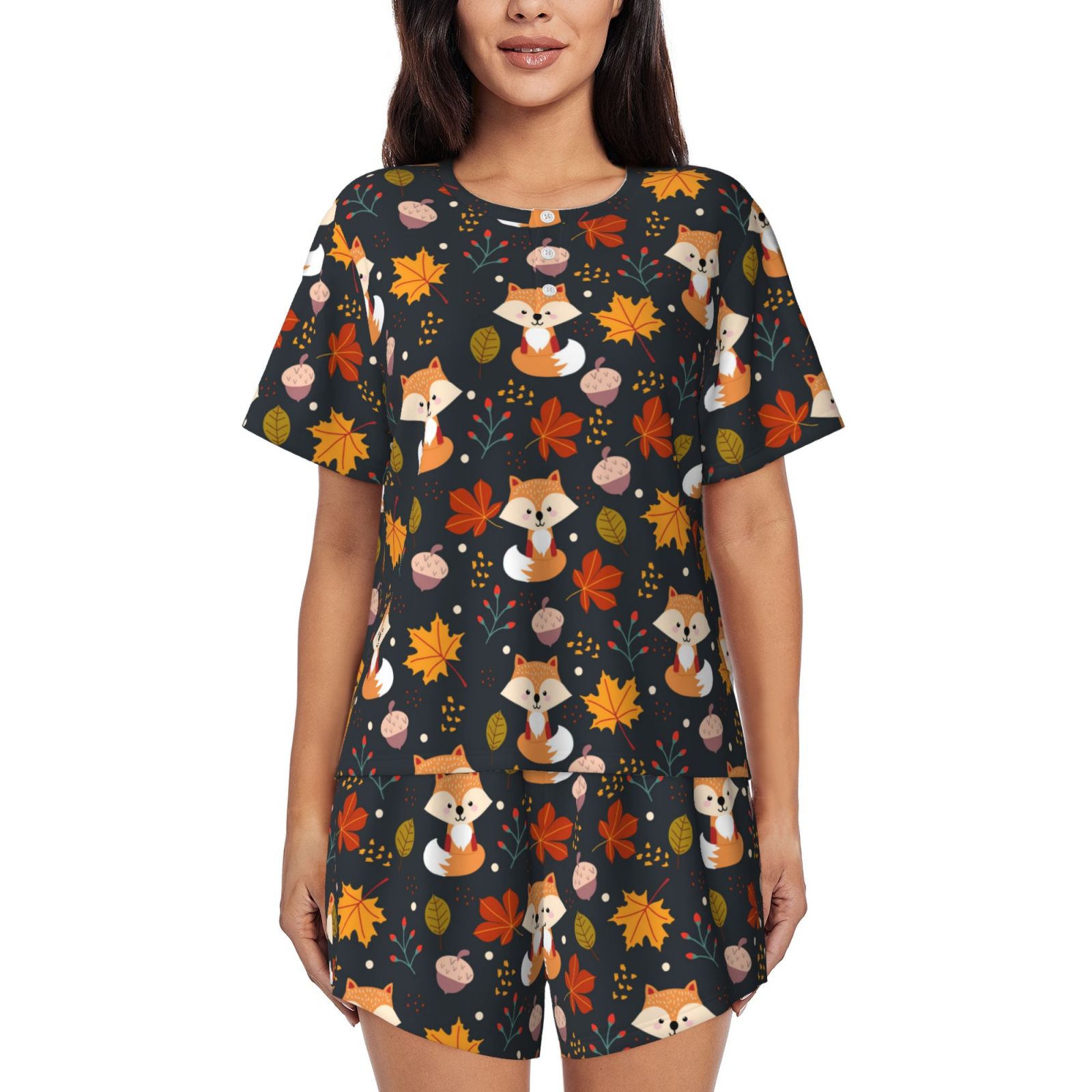 Bingfone Autumn Fox Print Pajamas Sets for Women Soft Short-Sleeved Pjs ...