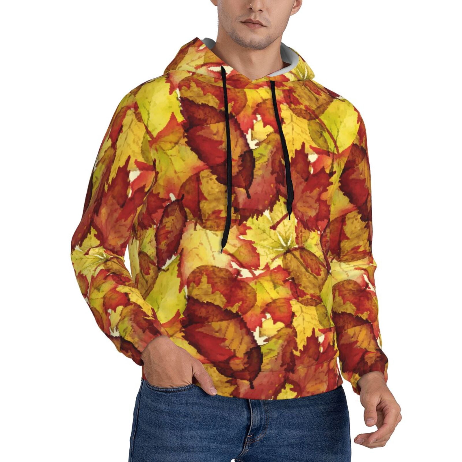 Bingfone Autumn Mosaic Maple Leaves Men's Drawstring Hoodie Long Sleeve ...