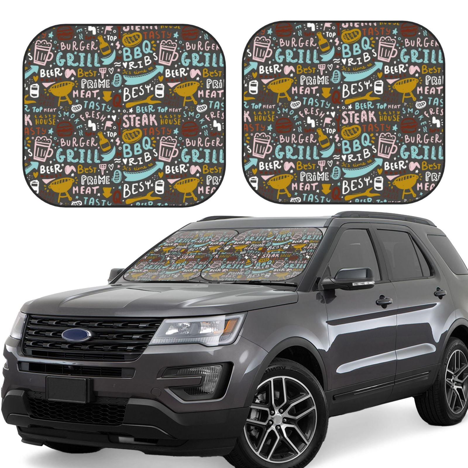 Bingfone Barbeque Windshield Sun Shade 2-Piece Foldable Car Front ...