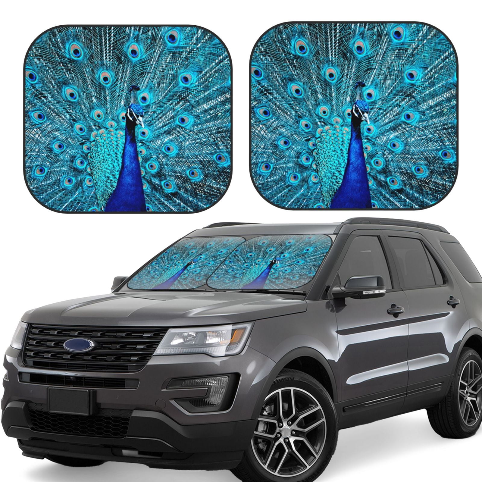 Bingfone Beautiful Blue Peacock Windshield Sun Shade 2-Piece Foldable ...