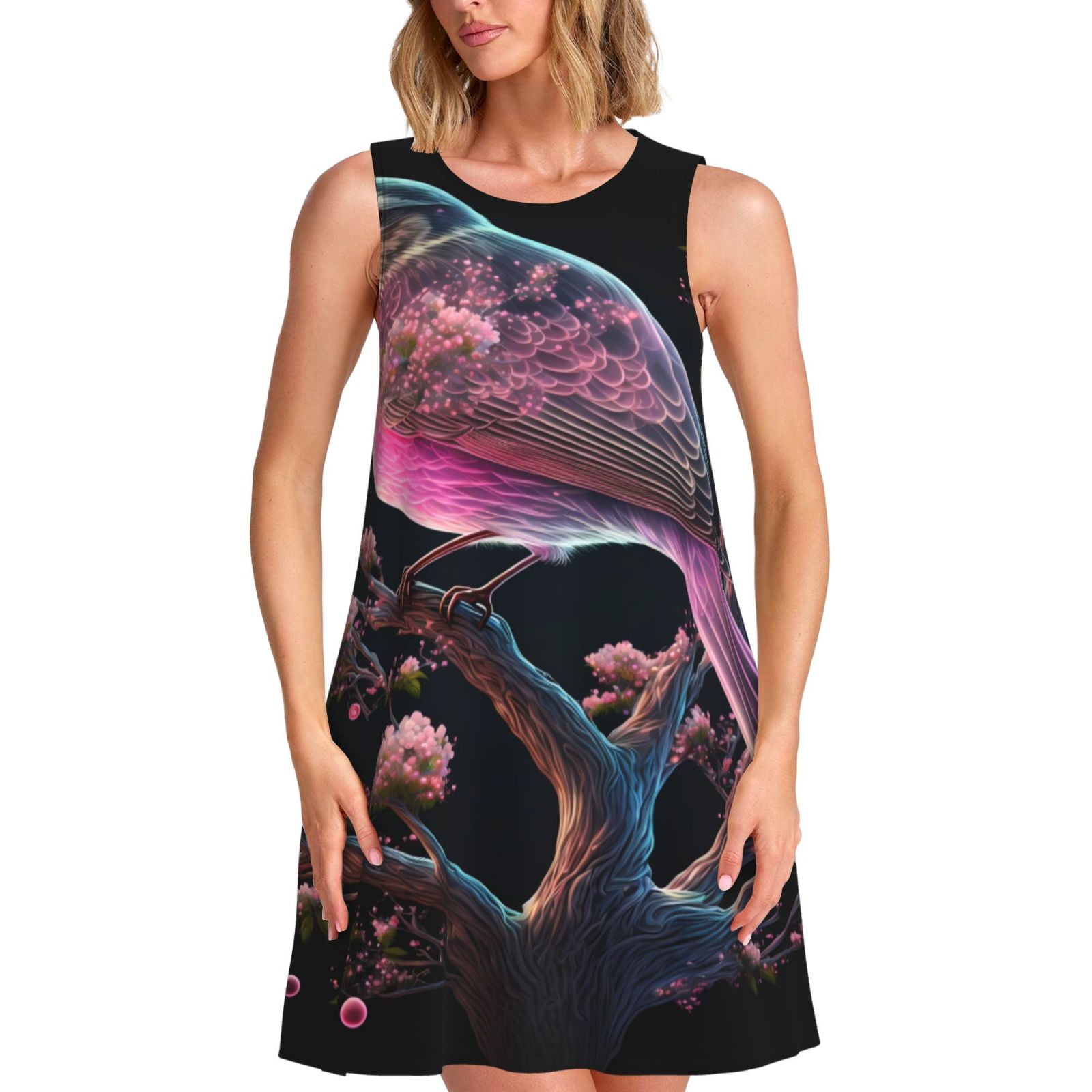 Bingfone Bird 2 Print Women's Sleeveless Dress, Loose Fit Summer Casual ...