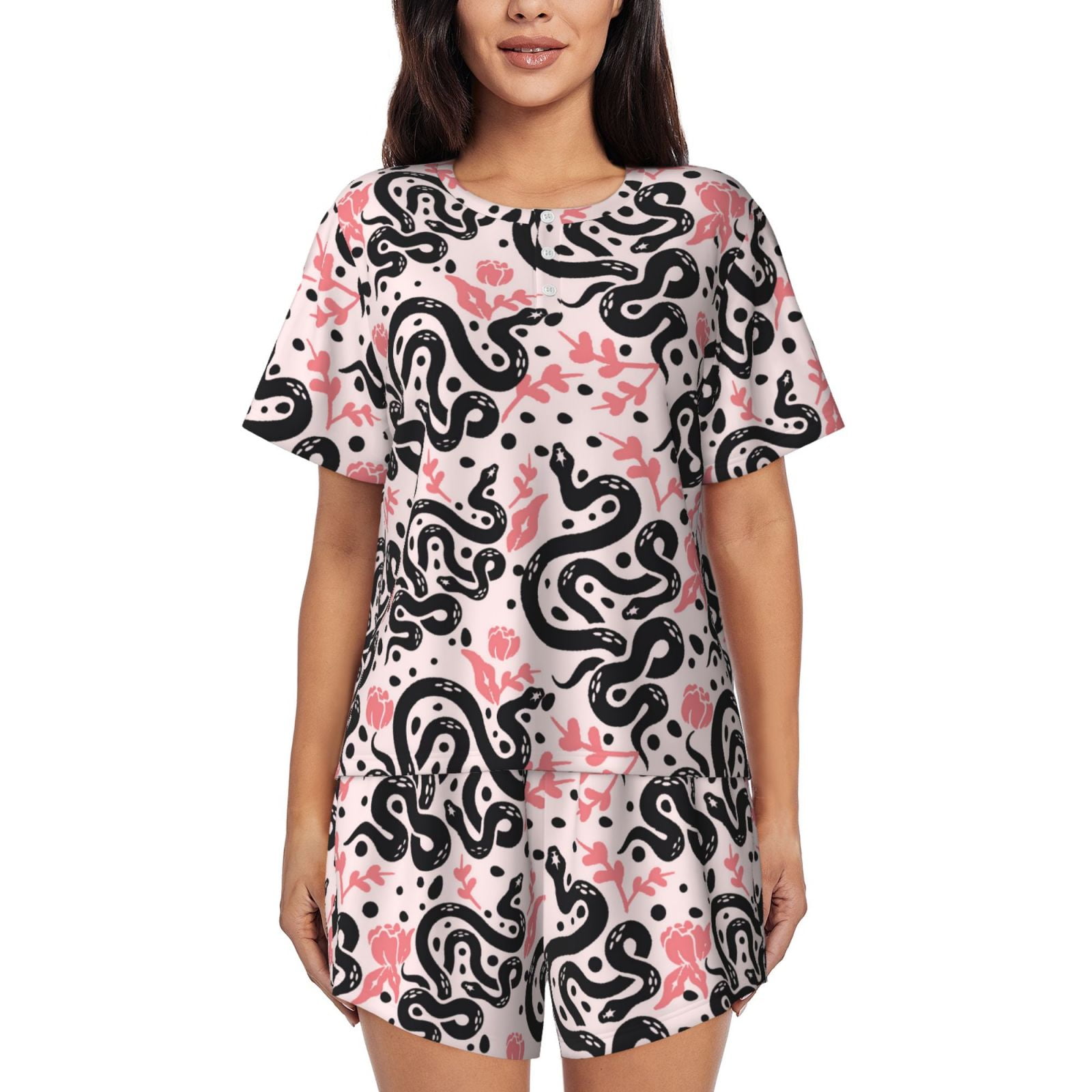 Bingfone Black Snake Print Pajamas Sets for Women Soft Short-Sleeved ...