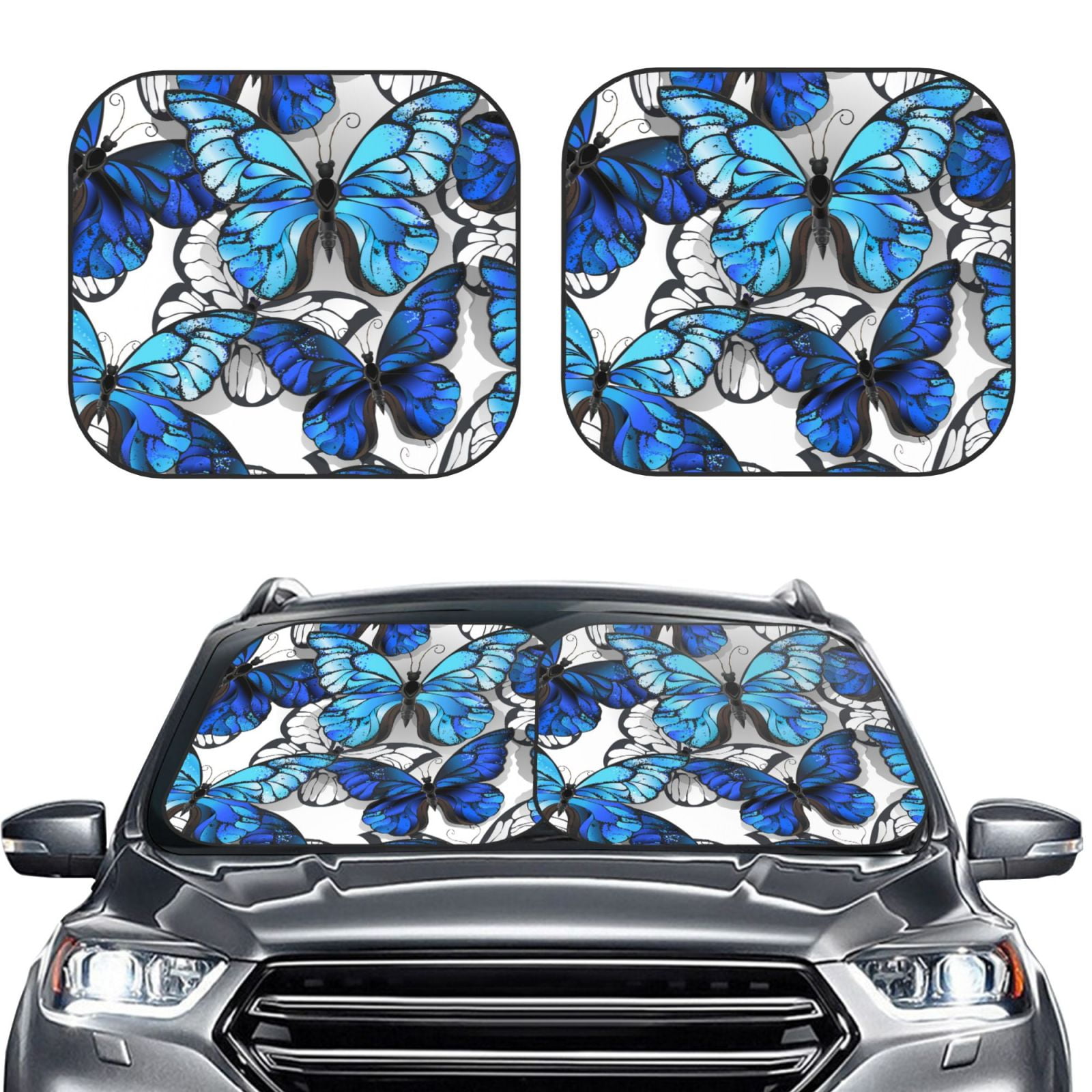 Bingfone Blue And White Butterflies Print 2-Piece Sun Shade Front ...