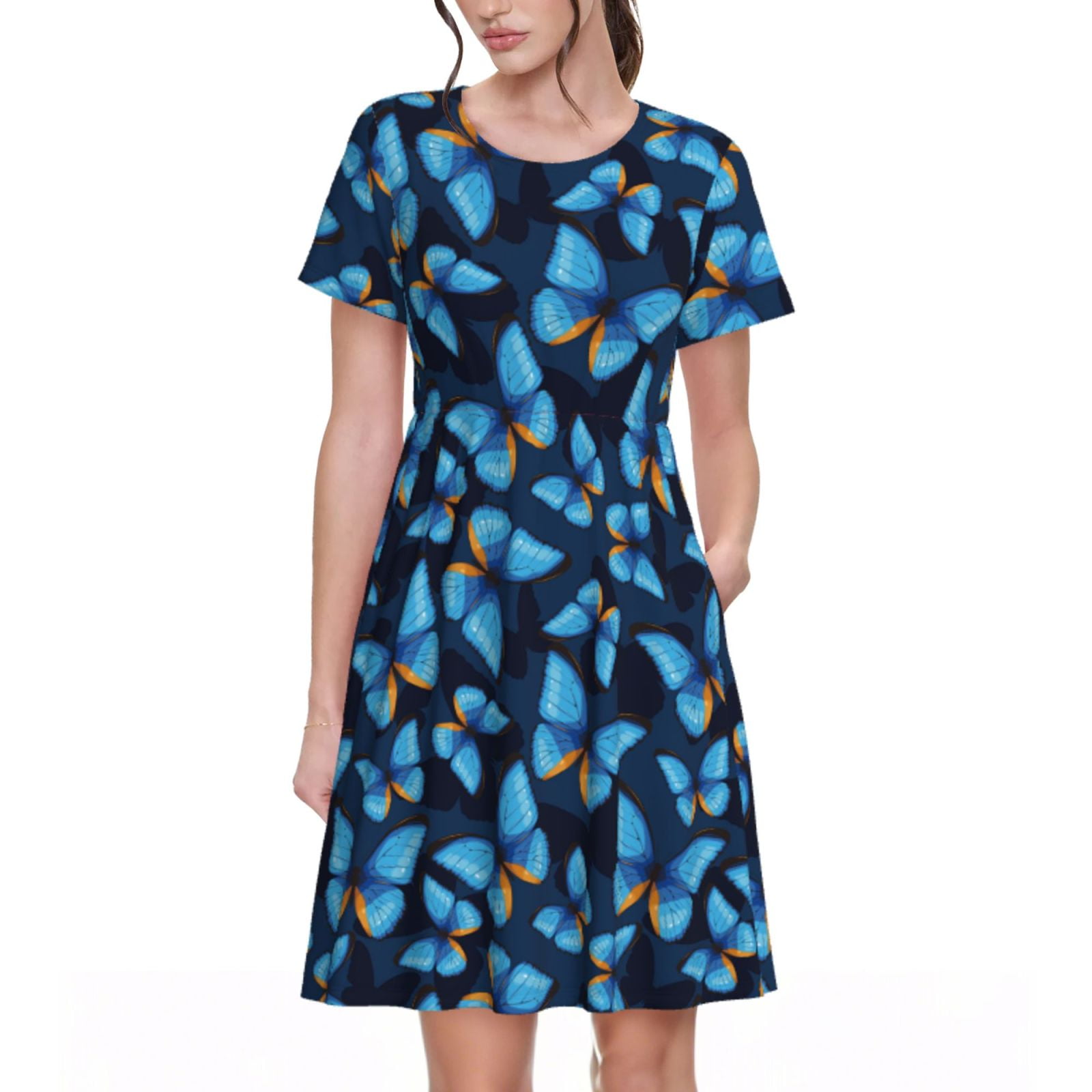Bingfone Blue Butterfly Print Women’s Short Sleeve Dress, Comfortable ...