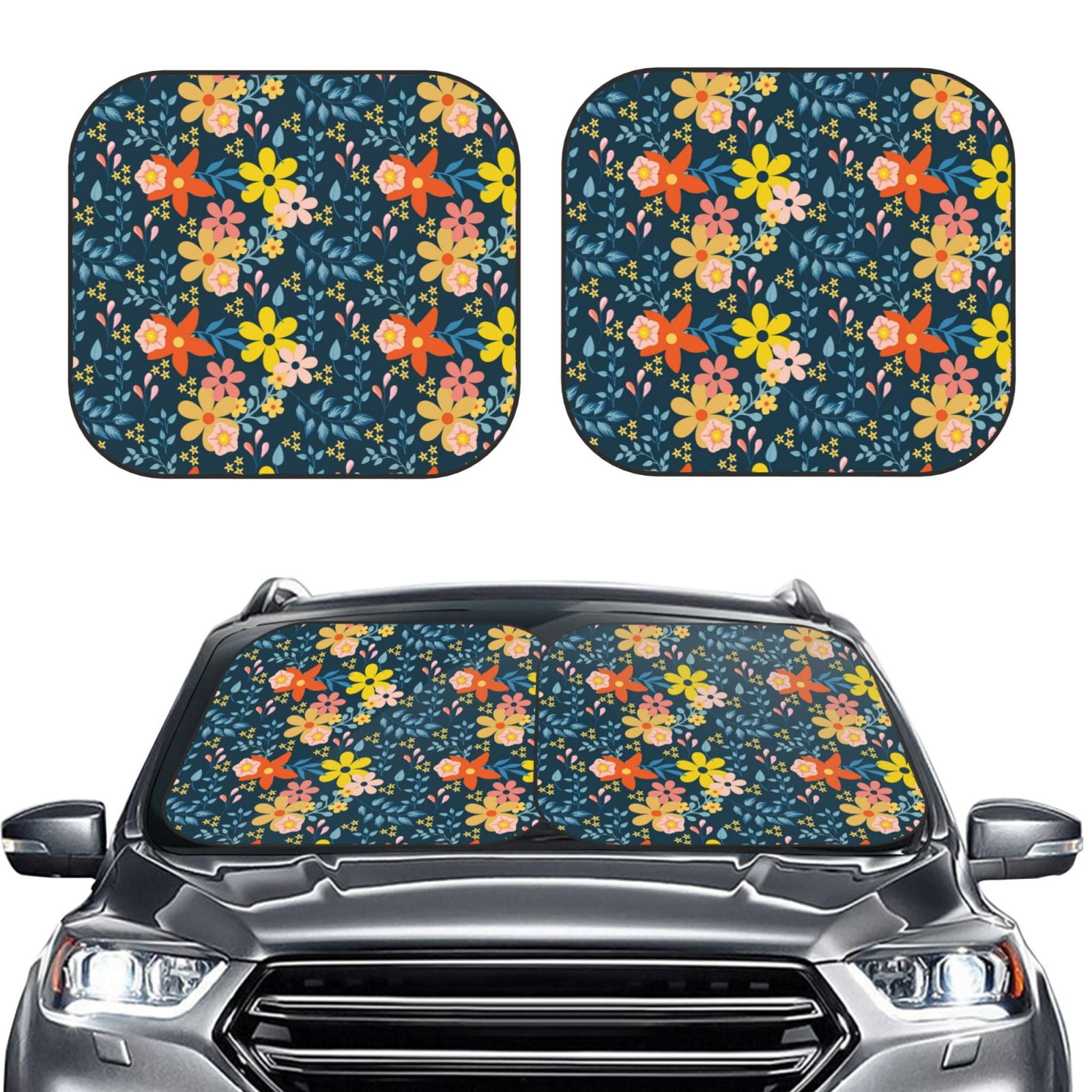 Bingfone Blue Floral Windshield Sun Shade 2-Piece Foldable Car Front ...