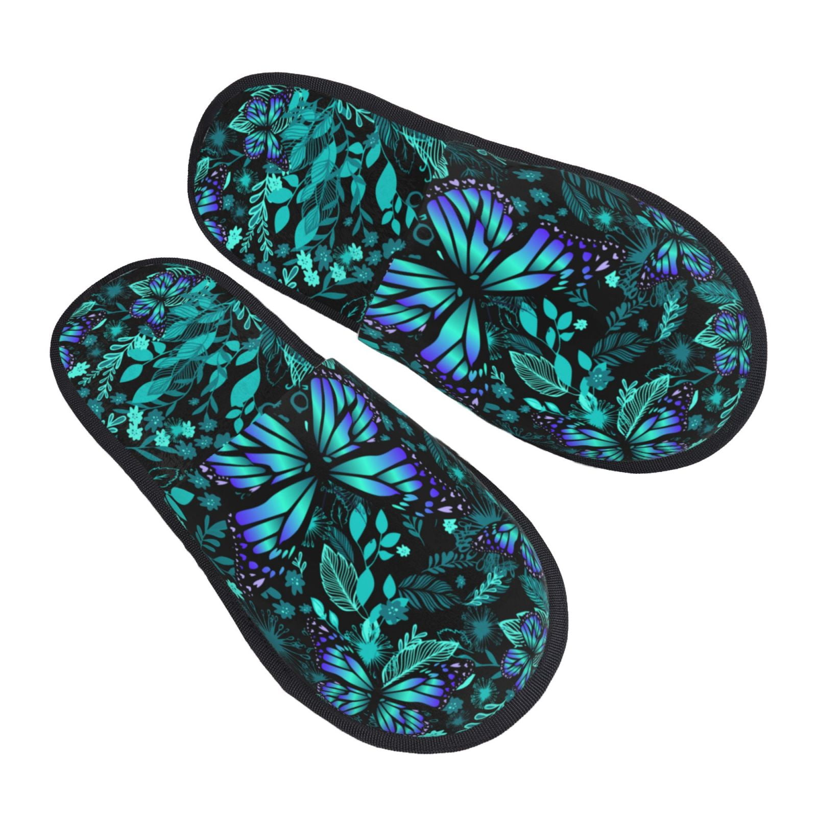 Bingfone Blue Floral With Butterflies House Slippers For Women Men With ...