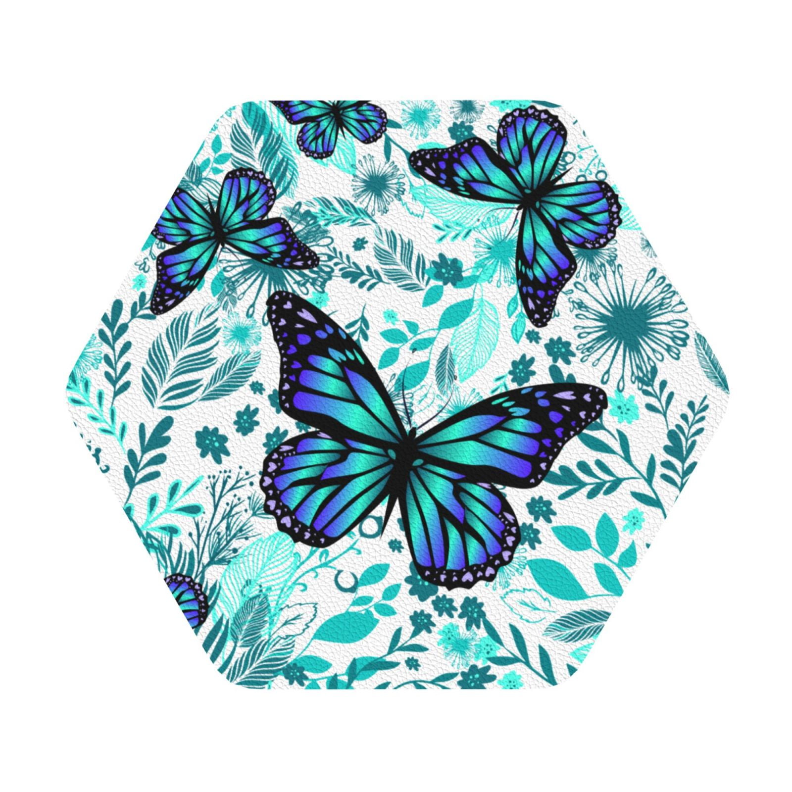 Bingfone Blue Floral With Butterflies Personalized Coaster Set 4 For ...