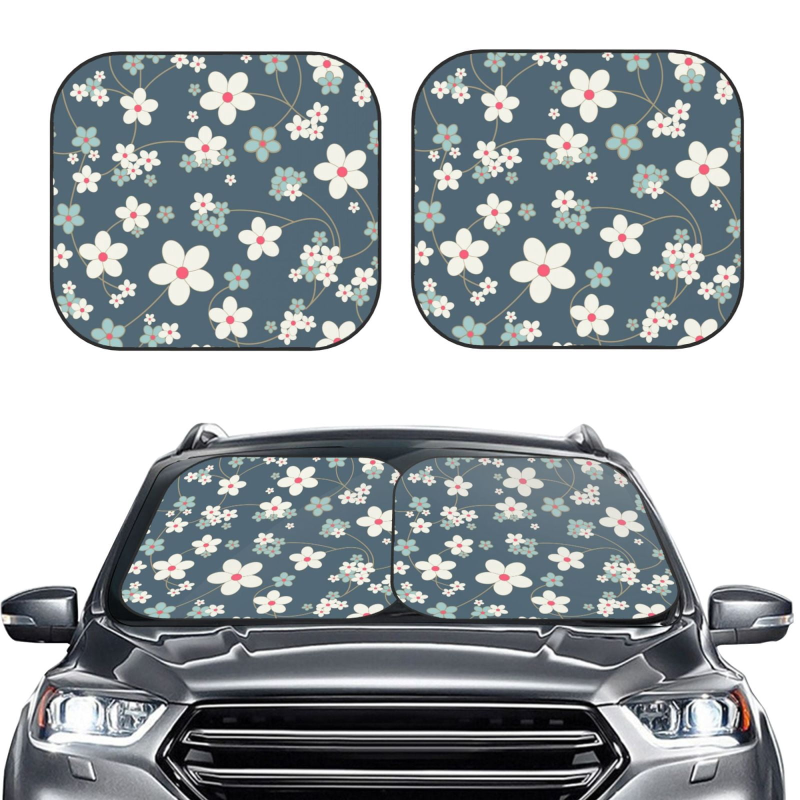 Bingfone Blue Flower Print 2-Piece Sun Shade Front Windshield ...