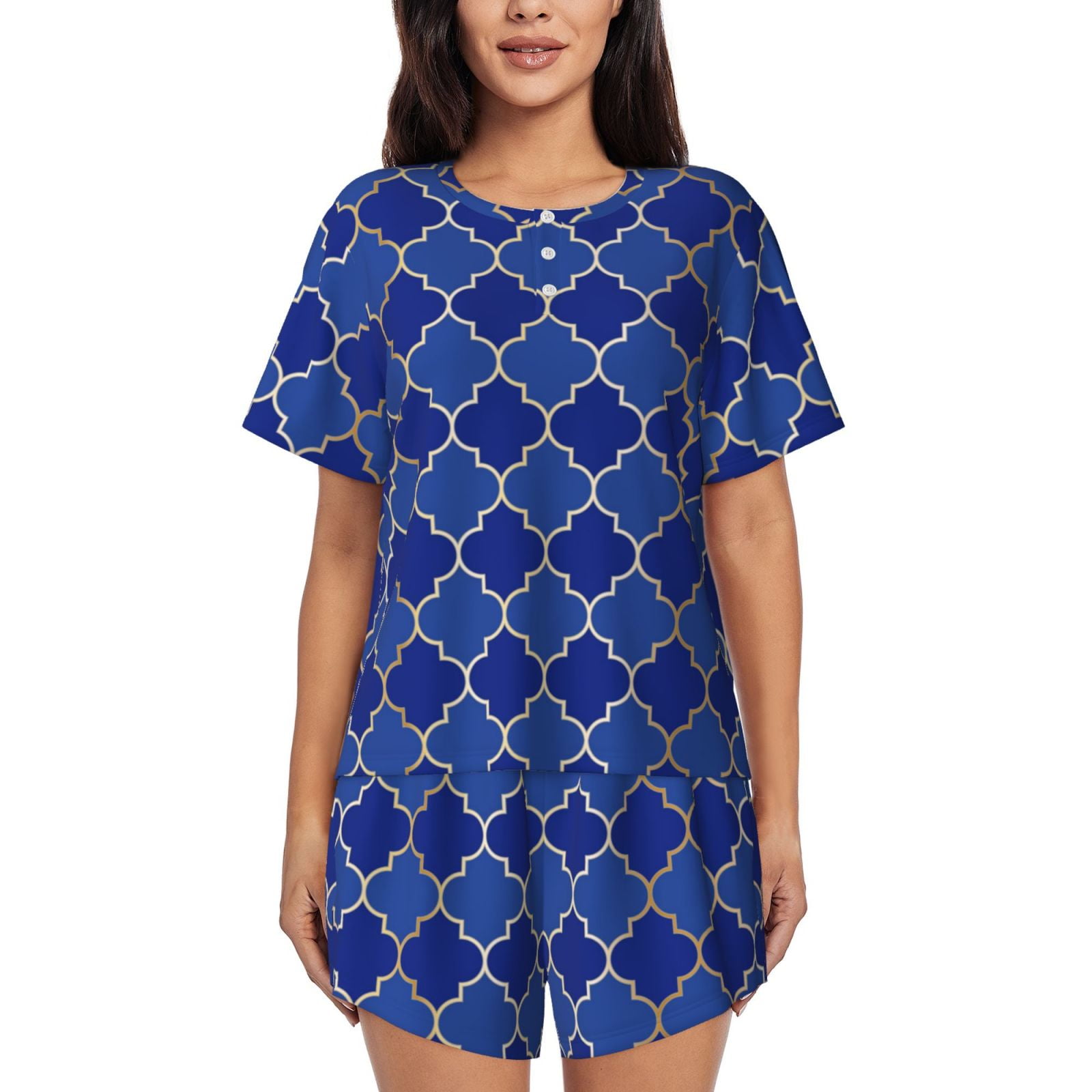 Bingfone Blue Gold Grid Lantern Shapes Print Pajamas Sets for Women ...