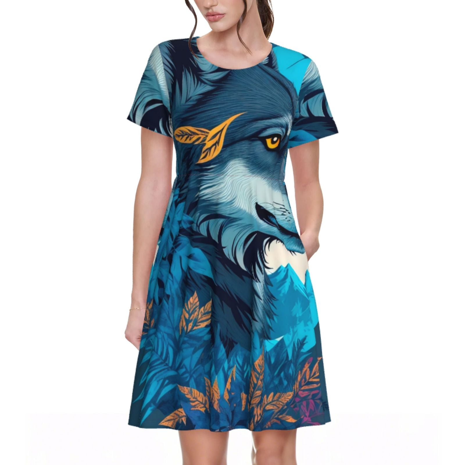 Bingfone Blue Iceberg Leaf Wolf Print Women’s Short Sleeve Dress ...