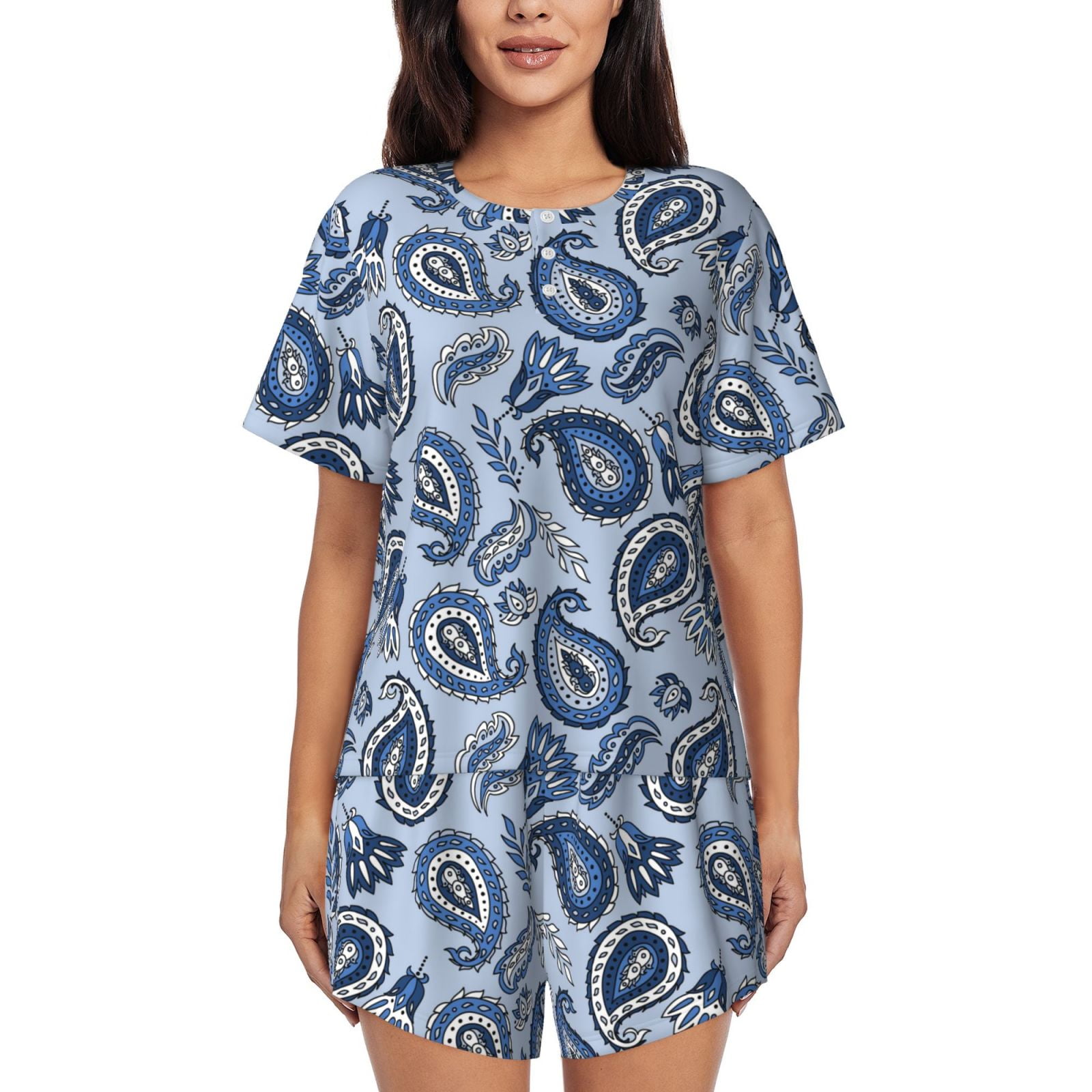 Bingfone Blue Paisley Pattern Vintage Print Pajamas Sets for Women Soft ...