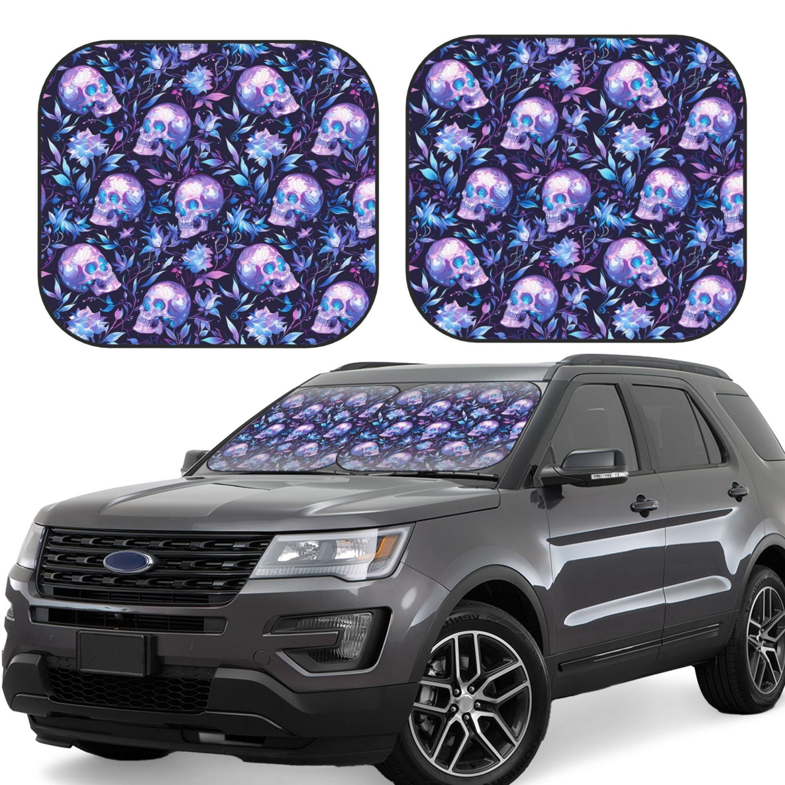 Bingfone Blue Skull Crystal Windshield Sun Shade 2-Piece Foldable Car ...
