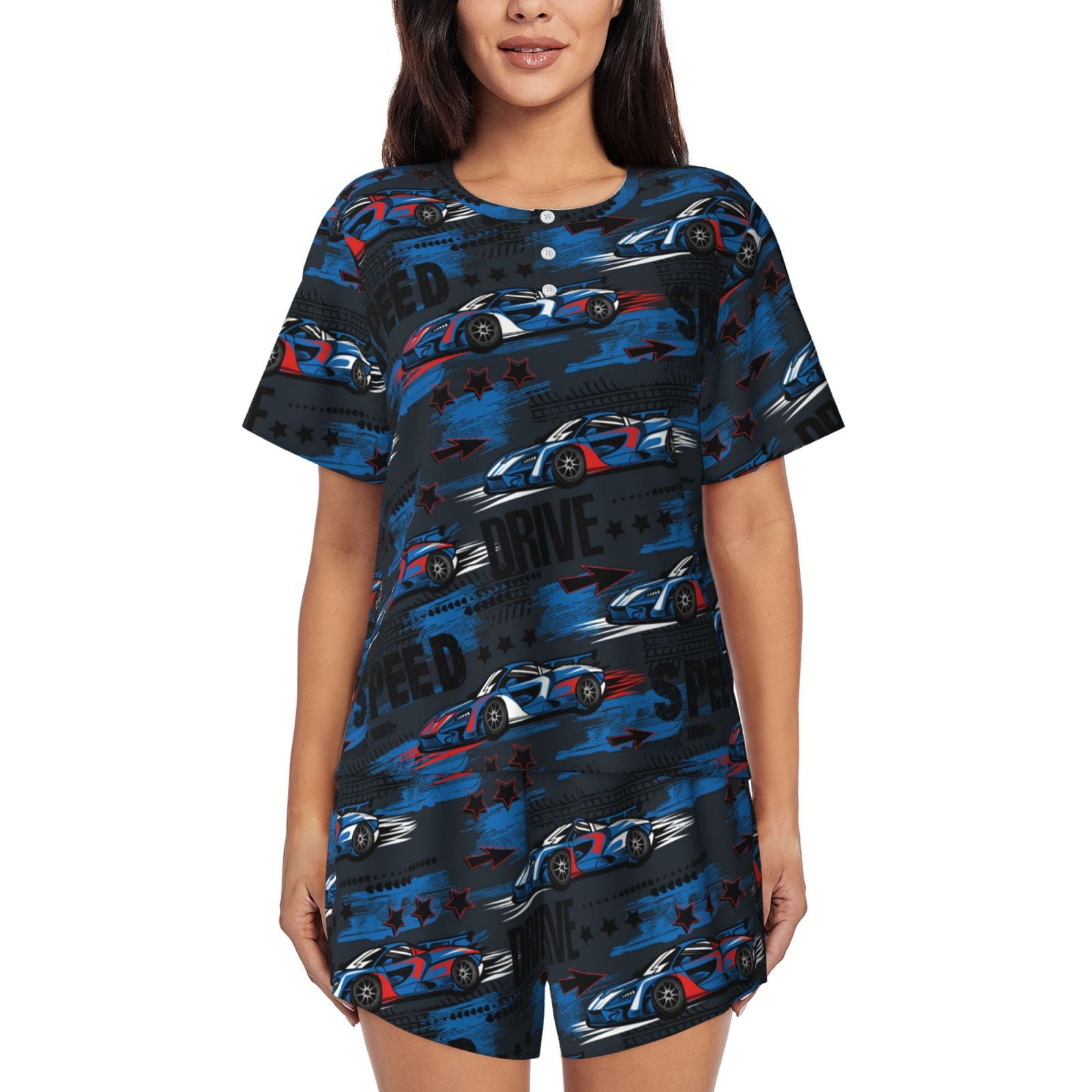Bingfone Blue Sports Car Print Pajamas Sets for Women Soft Short ...