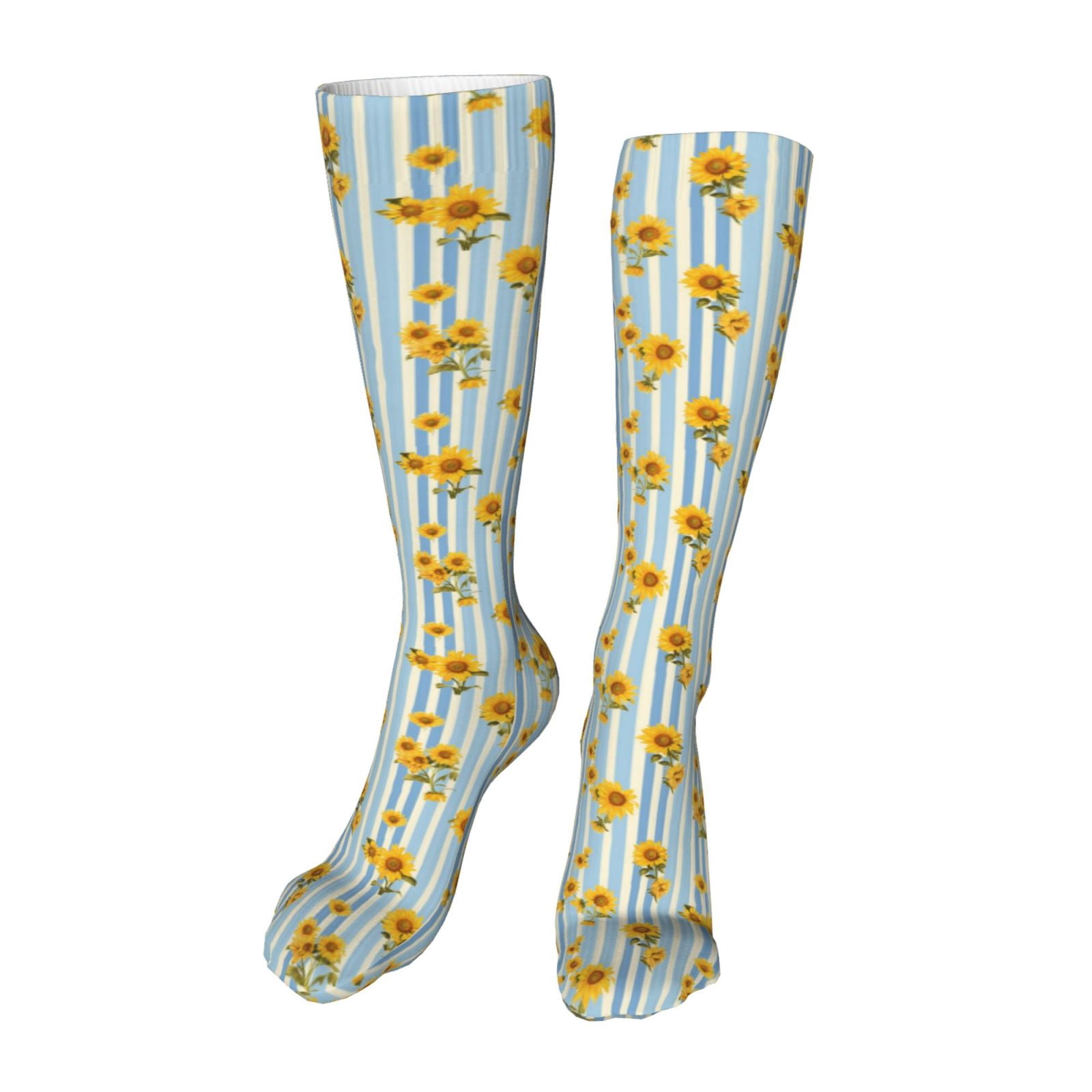Bingfone Blue White Striped Sunflower Print Compression Socks for Women ...