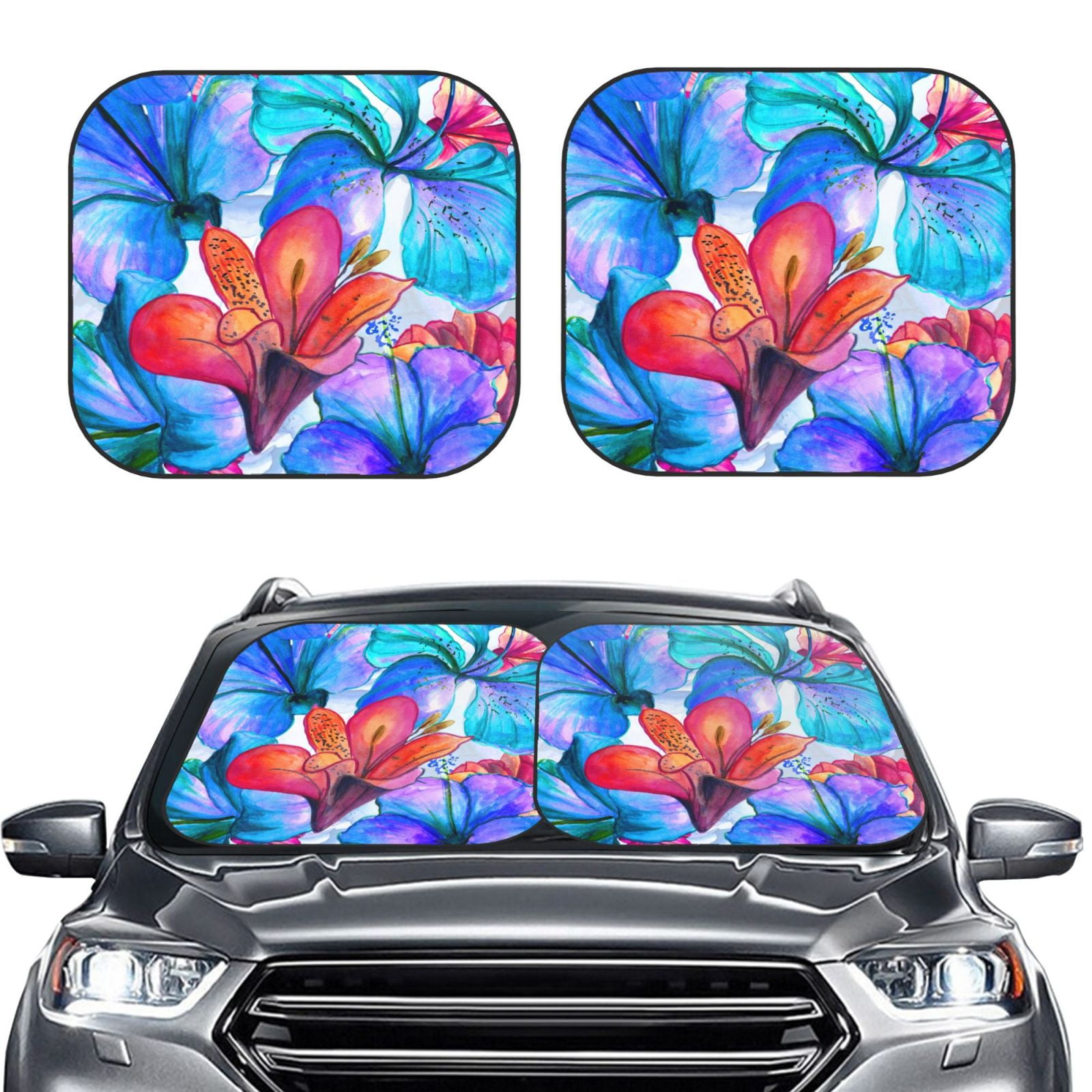 Bingfone Bright Flowers Windshield Sun Shade 2-Piece Foldable Car Front ...