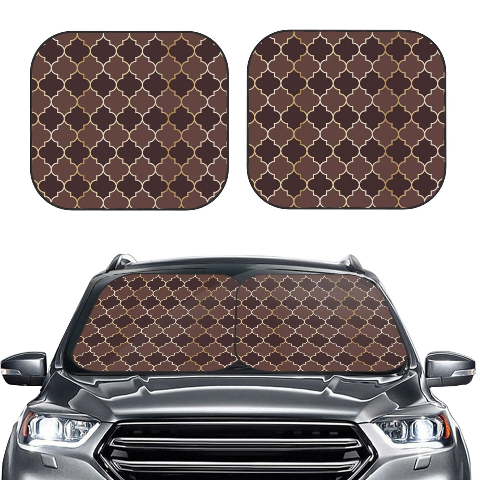 Bingfone Brown Gold Grid Print 2-Piece Sun Shade Front Windshield ...