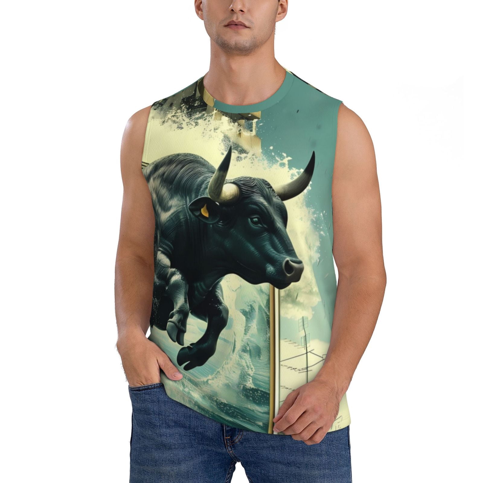 Bingfone Bull Charging Through Waves Pattern Men's Tank Tops Workout ...