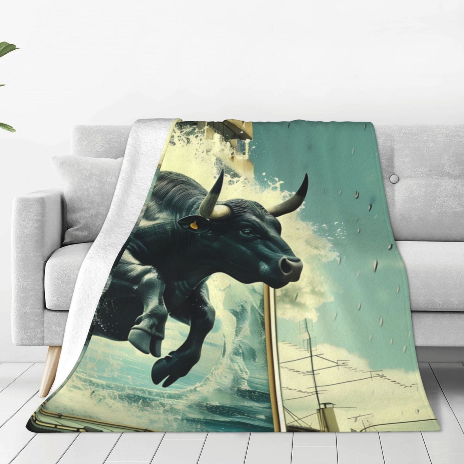 Bingfone Bull Charging Through Waves Print Flannel Fleece Blanket Throw ...