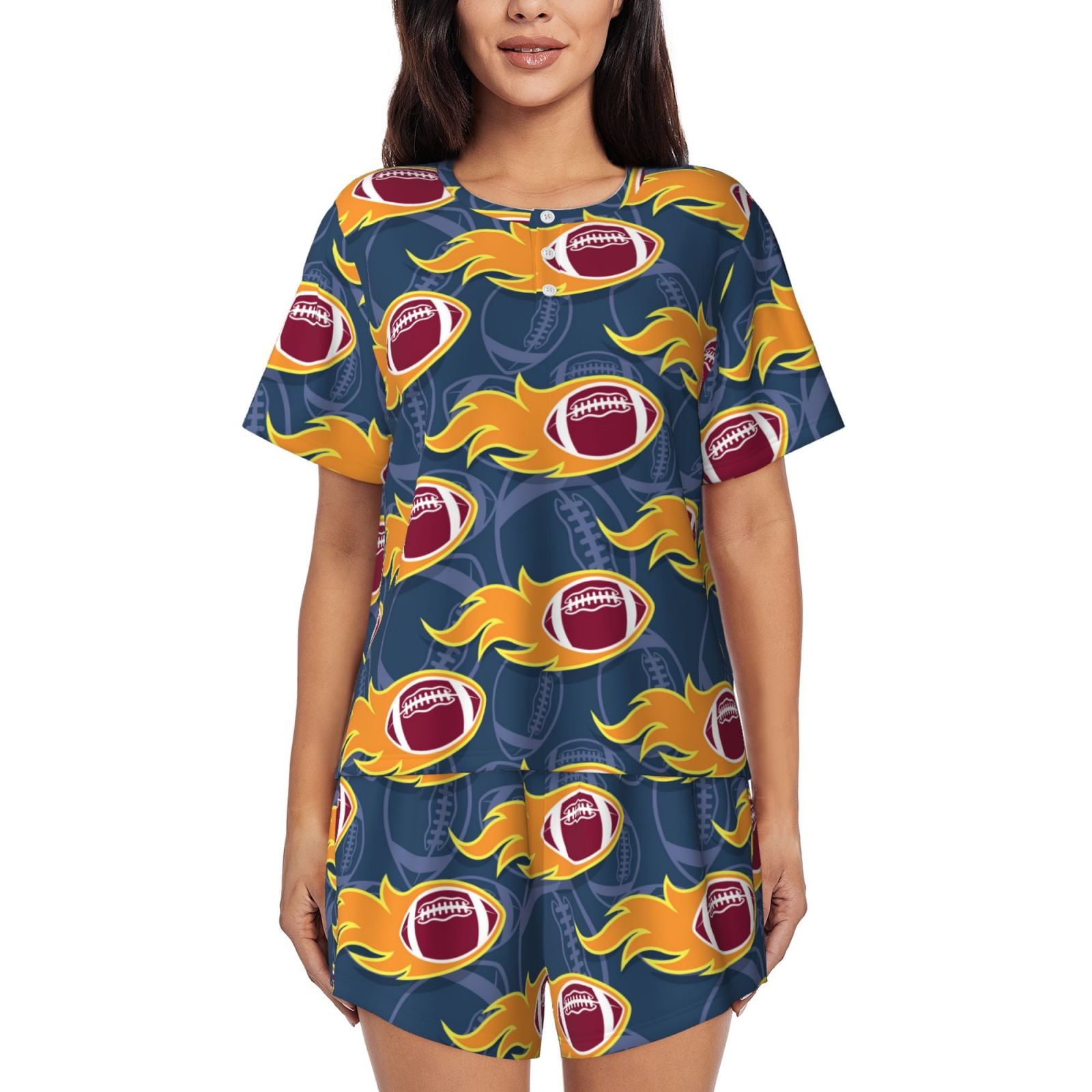 Bingfone Burning Rugby Balls Print Pajamas Sets for Women Soft Short ...