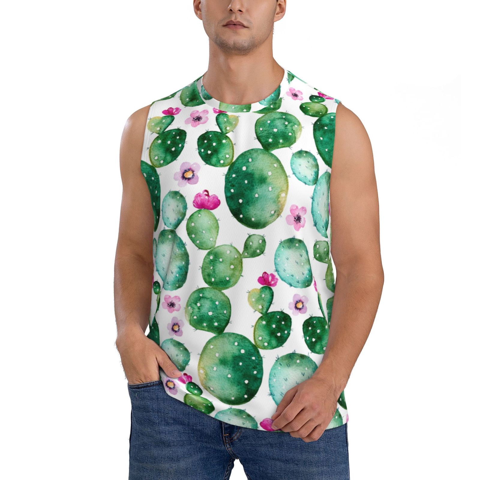 Bingfone Cactus Plants Pattern Men's Tank Tops Workout Sleeveless Tee ...