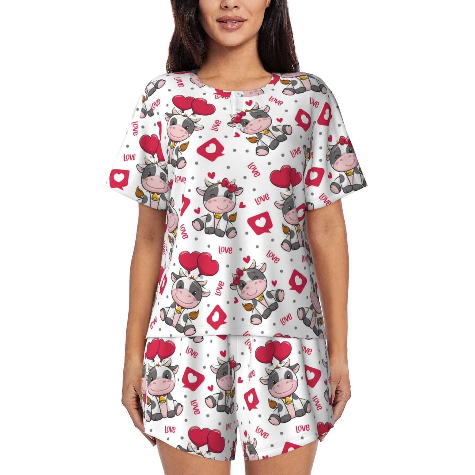 Bingfone Caring Cow Print Pajamas Sets for Women Soft Short-Sleeved Pjs ...