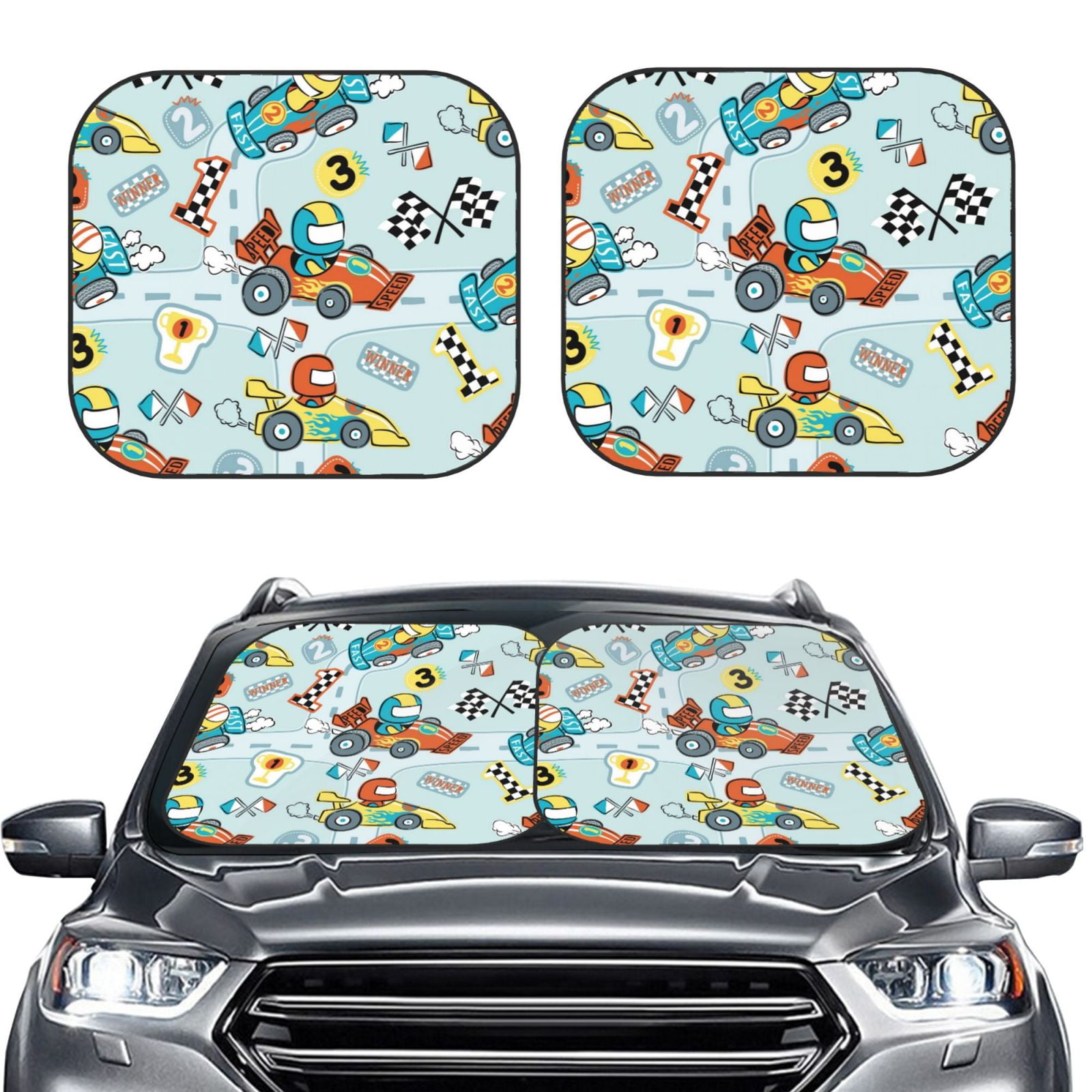 Bingfone Cartoon Car Racing Print 2-Piece Sun Shade Front Windshield ...