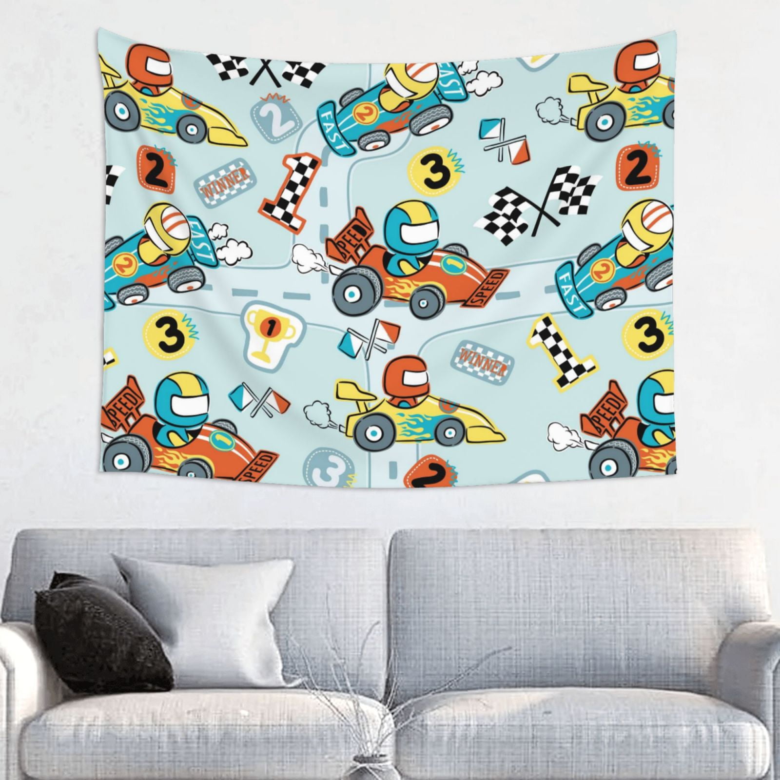 Bingfone Cartoon Car Racing Tapestry Wall Hanging Decor For Living Room ...