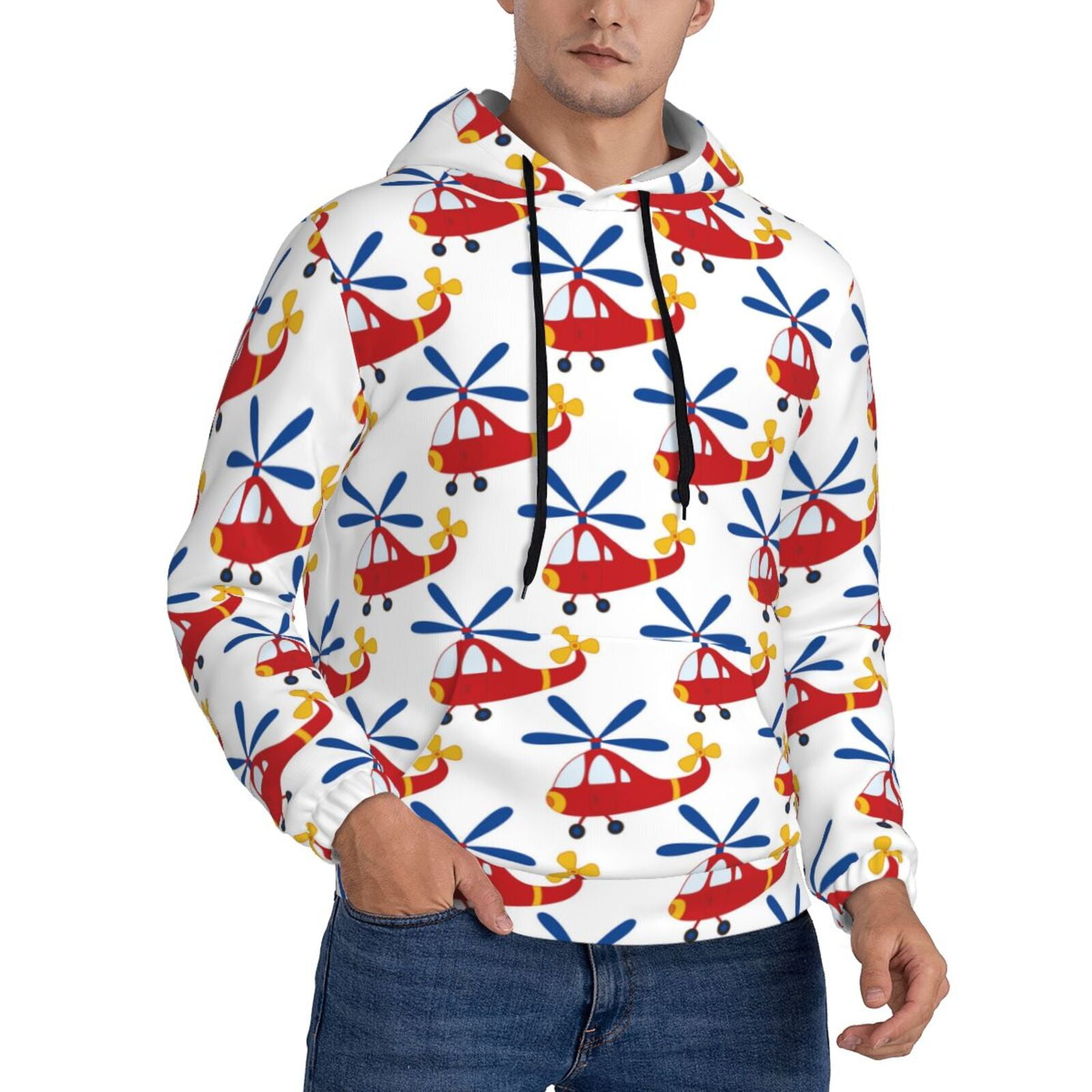 Bingfone Cartoon Helicopter Men's Drawstring Hoodie Long Sleeve Pocket ...