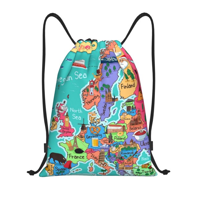 Bingfone Cartoon Map Of Europe Drawstrings Backpacks Bags For Men Women ...