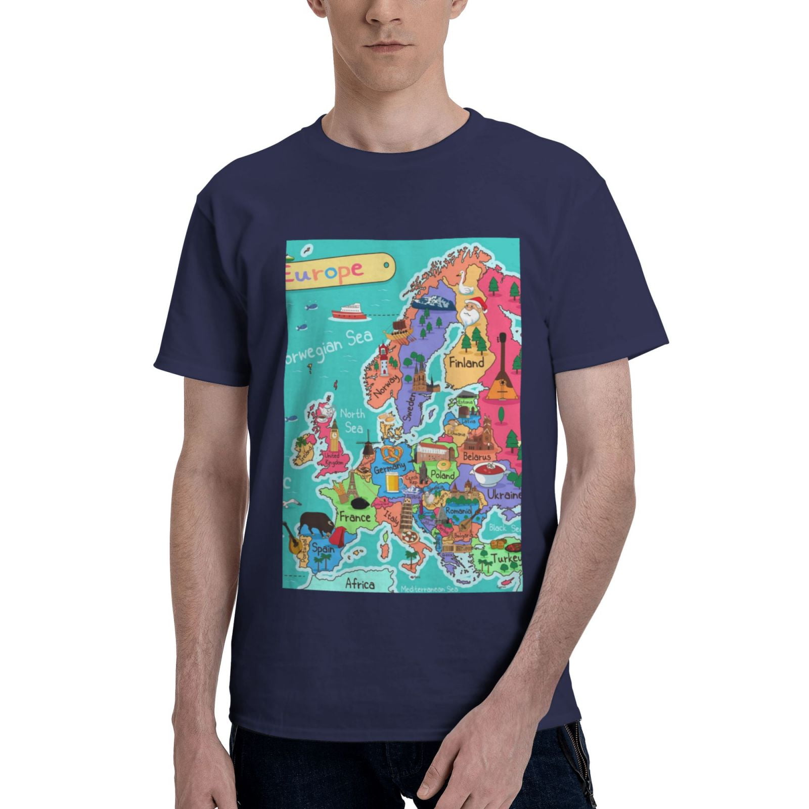 Bingfone Cartoon Map Of Europe Men'S Loose Fit Short-Sleeve Pocket T ...