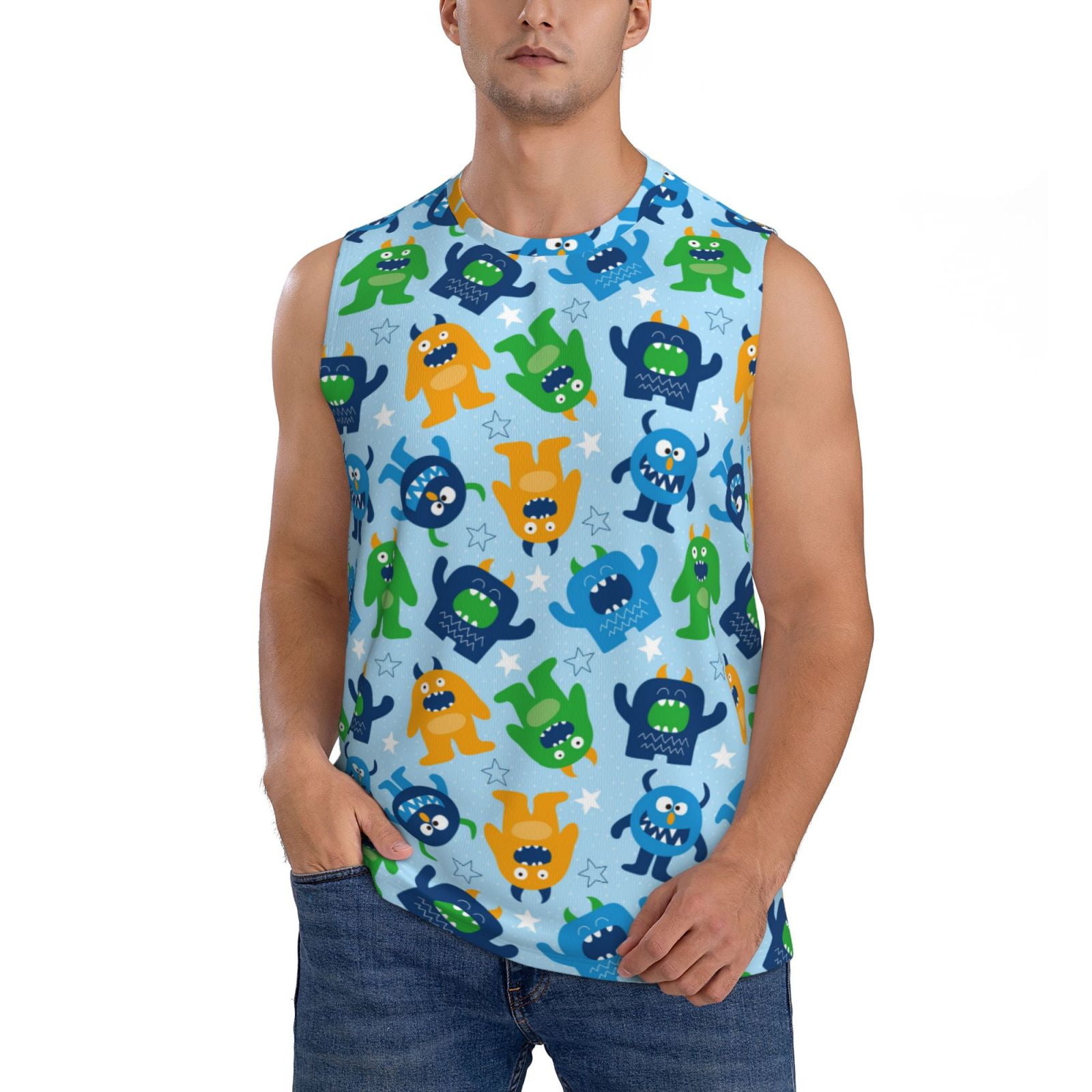 Bingfone Cartoon Monster Pattern Men's Tank Tops Workout Sleeveless Tee ...