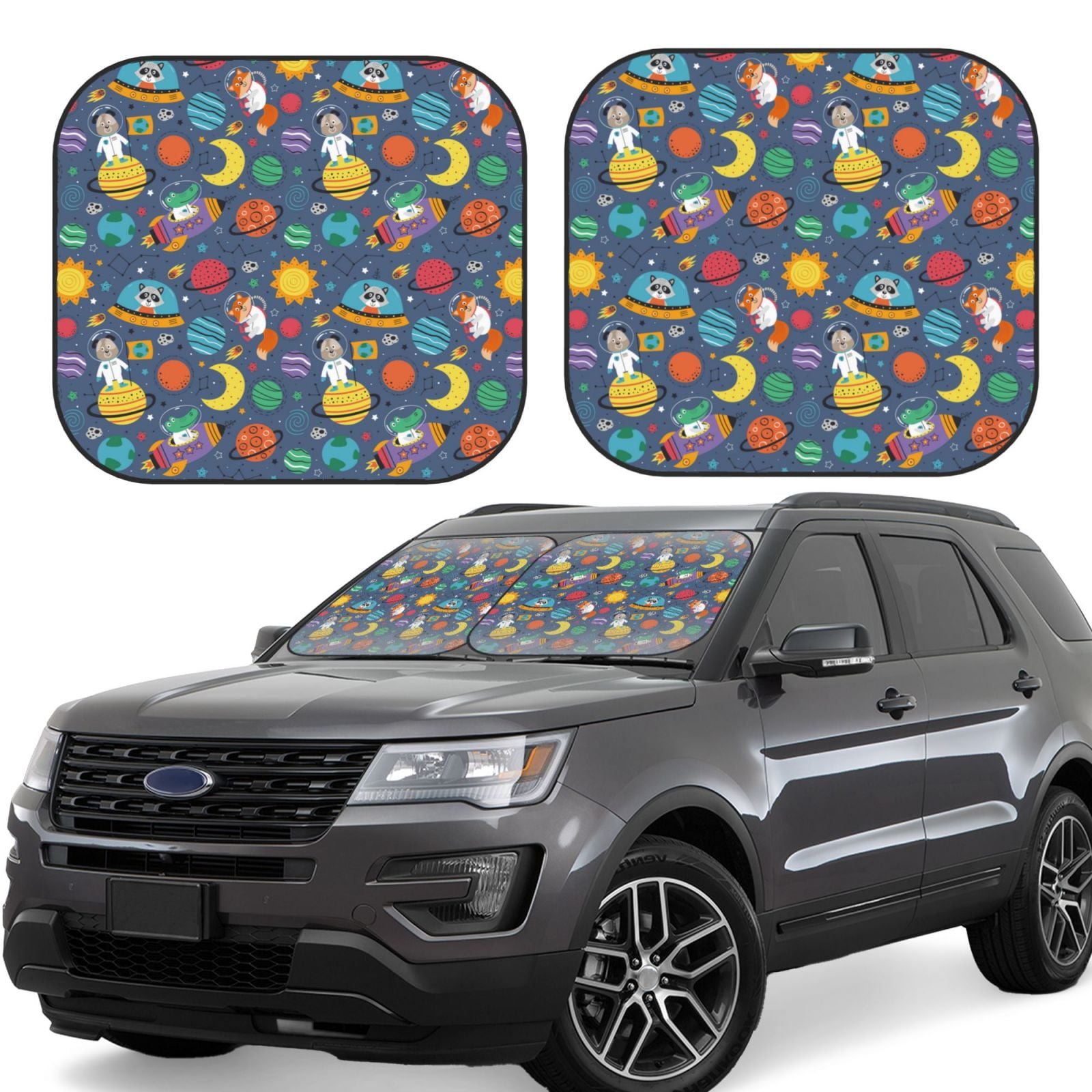 Bingfone Cartoon Space Windshield Sun Shade 2-Piece Foldable Car Front ...