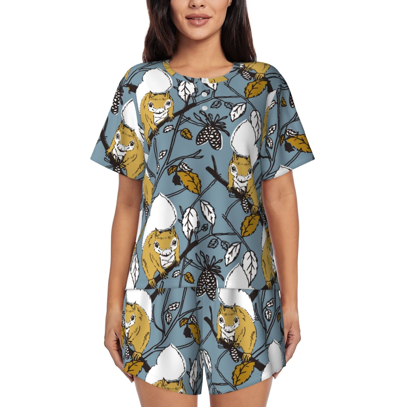 Bingfone Cartoon Squirrel on Branch Print Pajamas Sets for Women Soft ...
