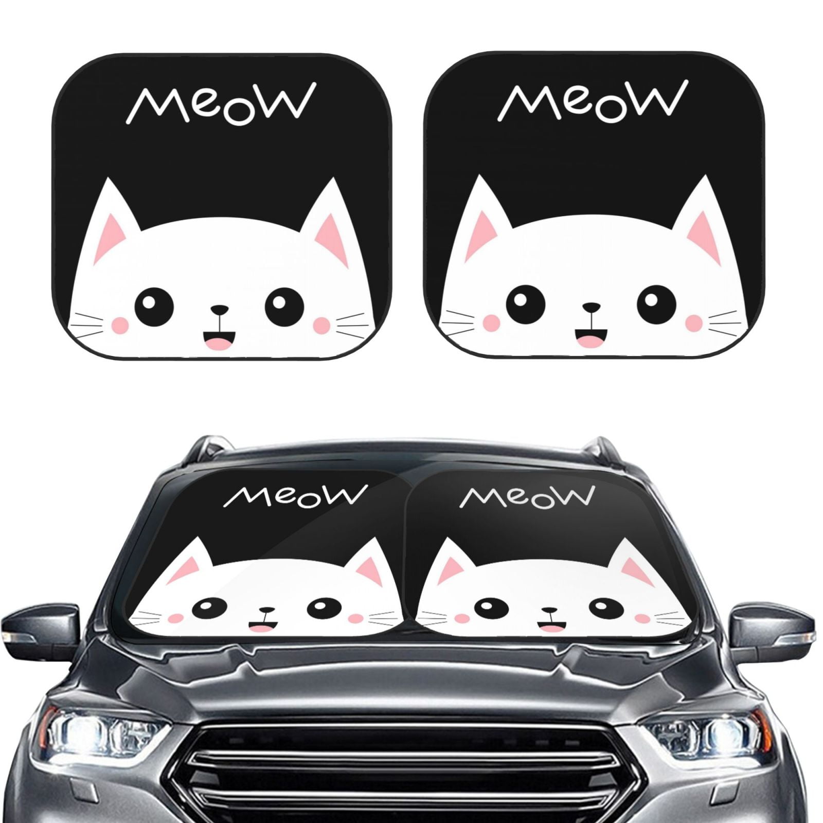 Bingfone Cat Meow Print 2-Piece Sun Shade Front Windshield - Foldable ...