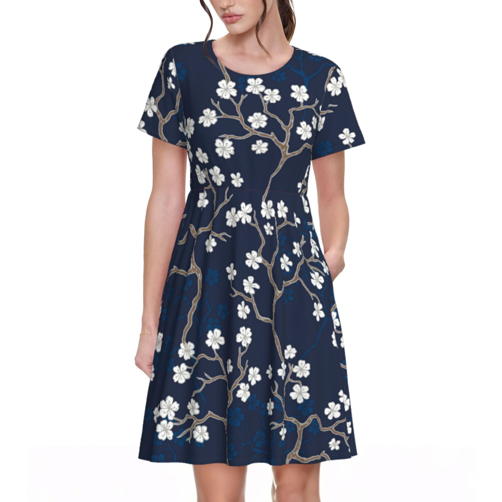 Bingfone Cherry Blossoms on Navy Background Print Women’s Short Sleeve ...